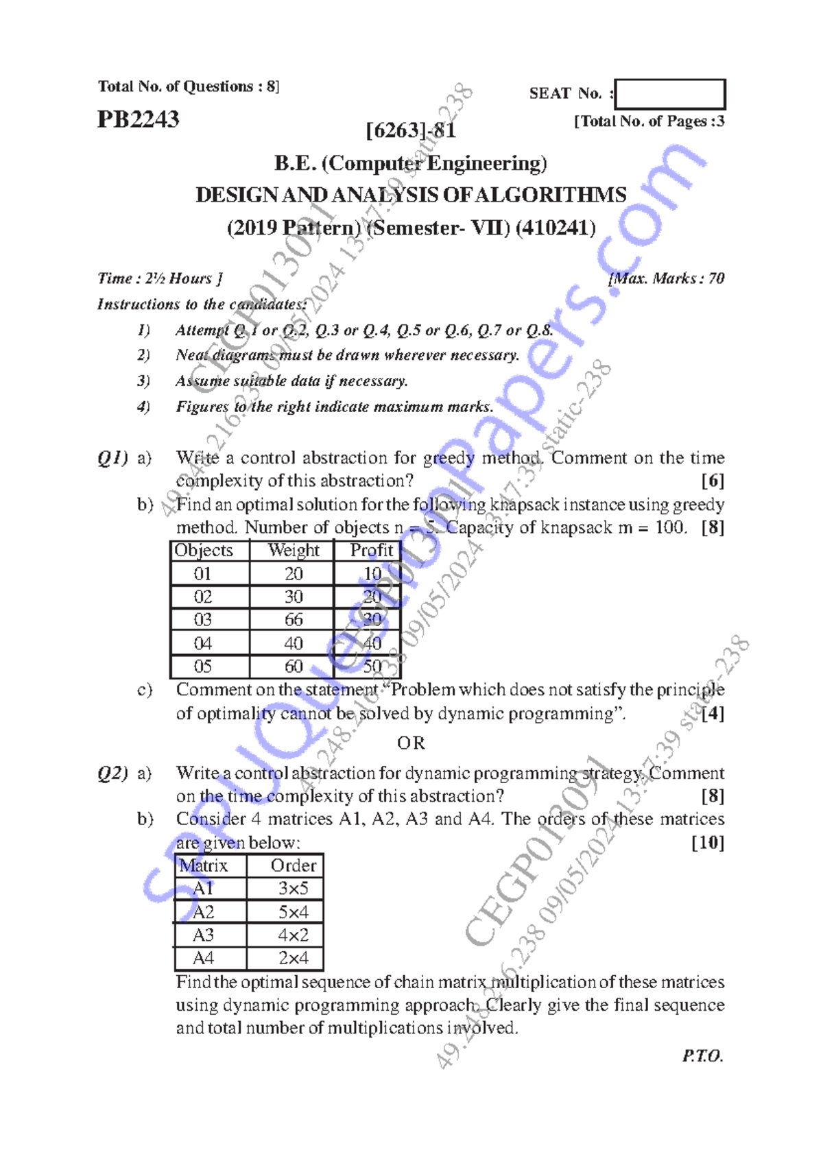 Be Computer Engineering Semester 7 2024 May Design And Analysis Of Algorithms D Aoa Pattern 2019