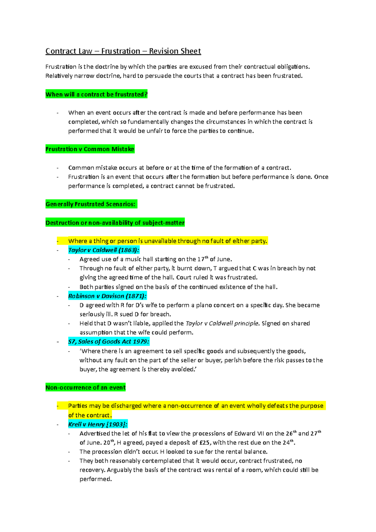 Frustration Revision Sheet - Contract Law – Frustration – Revision ...
