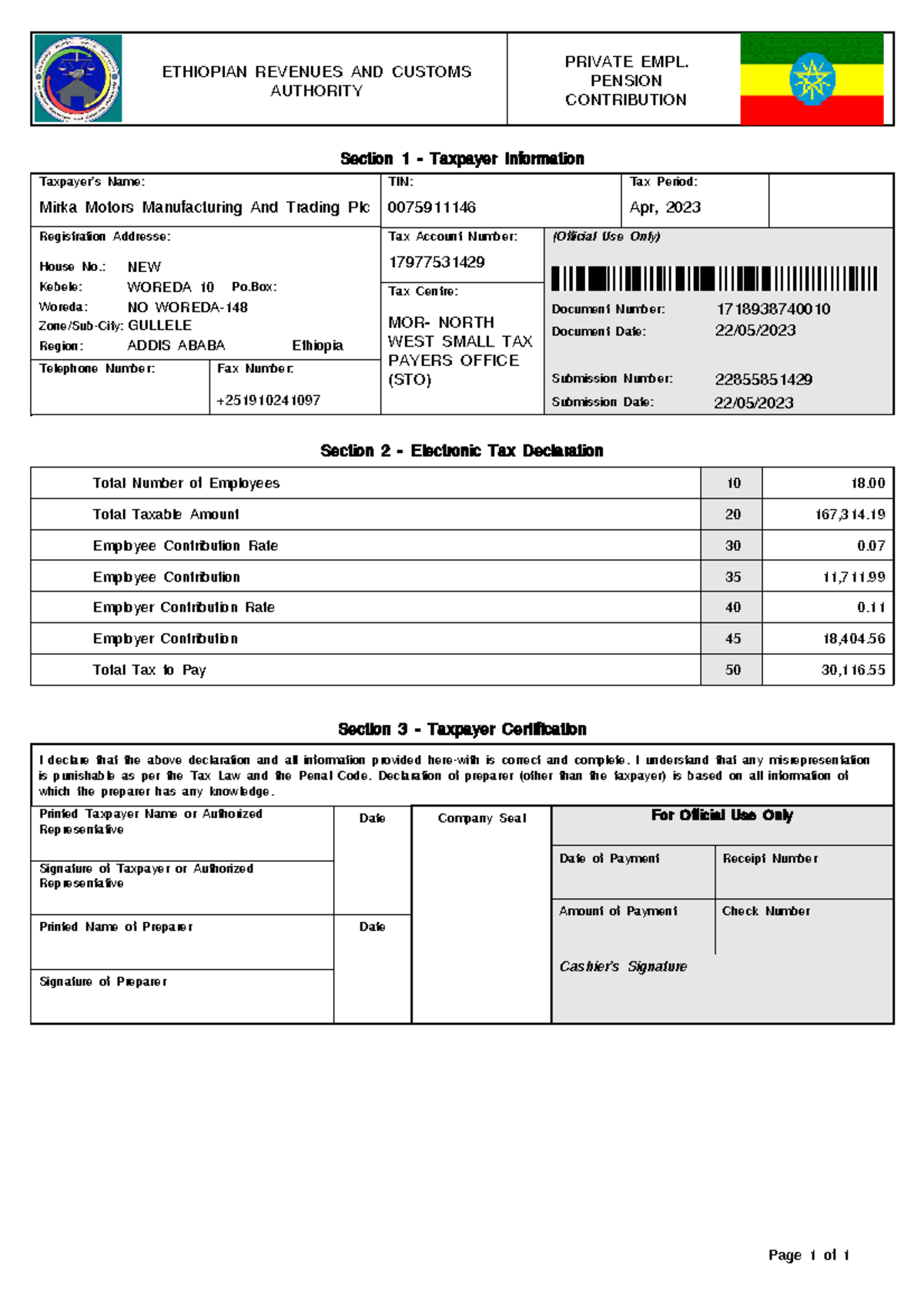 Pension april - PRIVATE EMPL. PENSION CONTRIBUTION ETHIOPIAN REVENUES ...