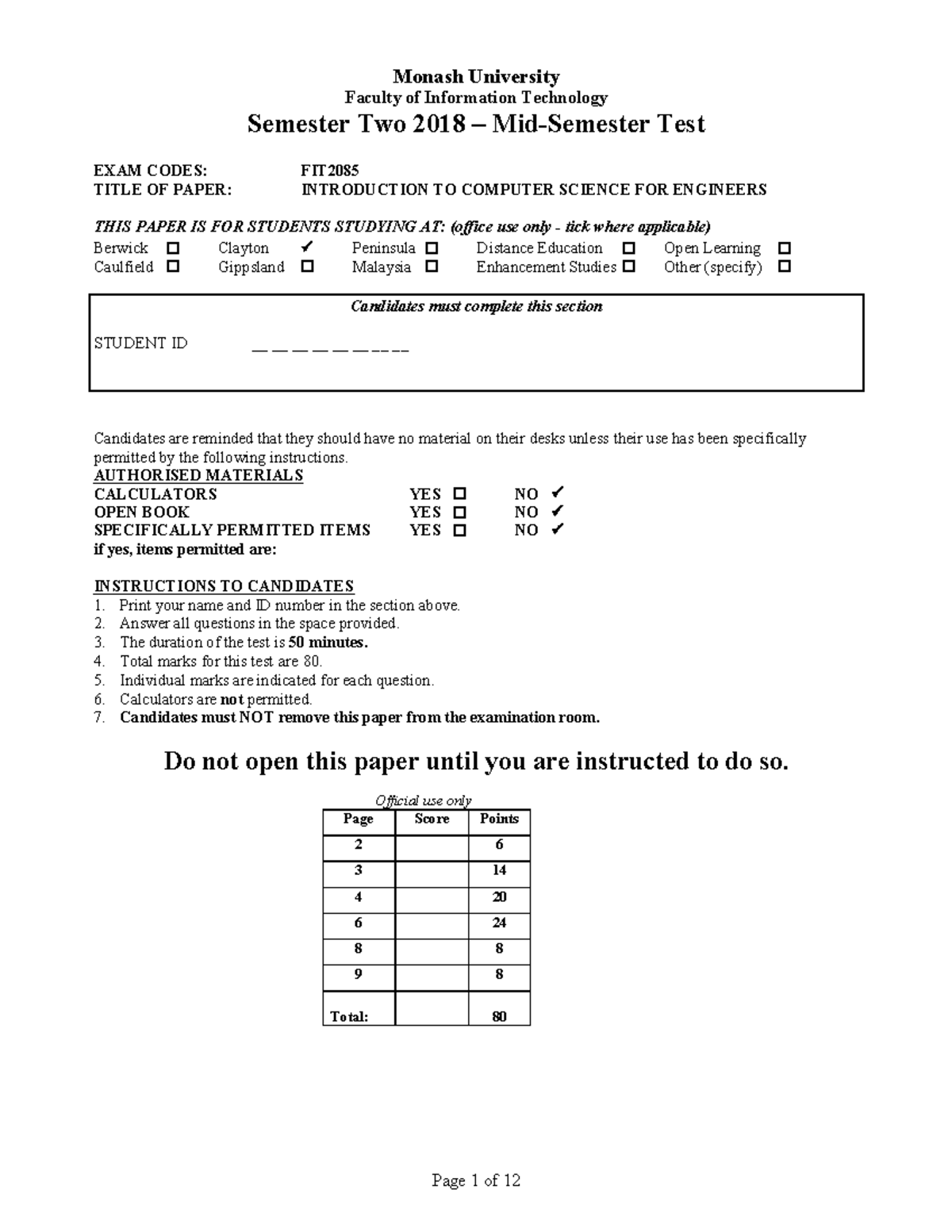Mst 2018-S2 - Test - Page 1 of 12 Monash University Faculty of ...