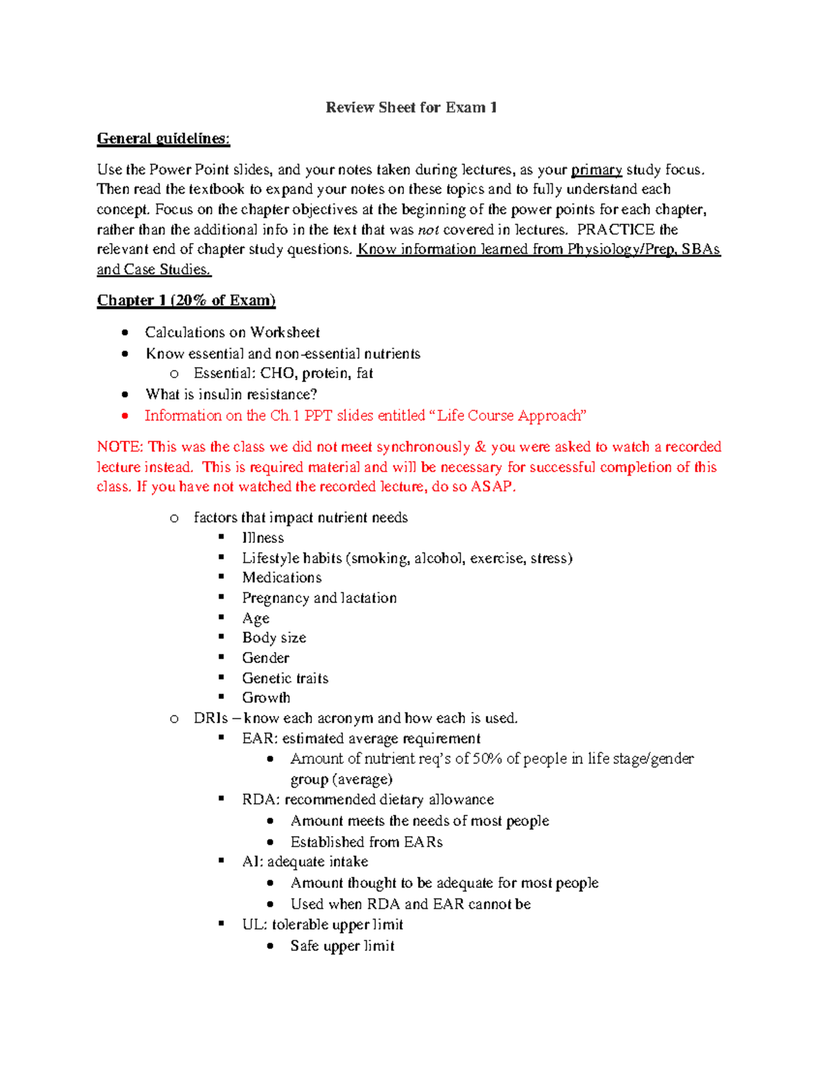 NTD 309 Exam 1 Study Guide - Review Sheet for Exam 1 General guidelines ...