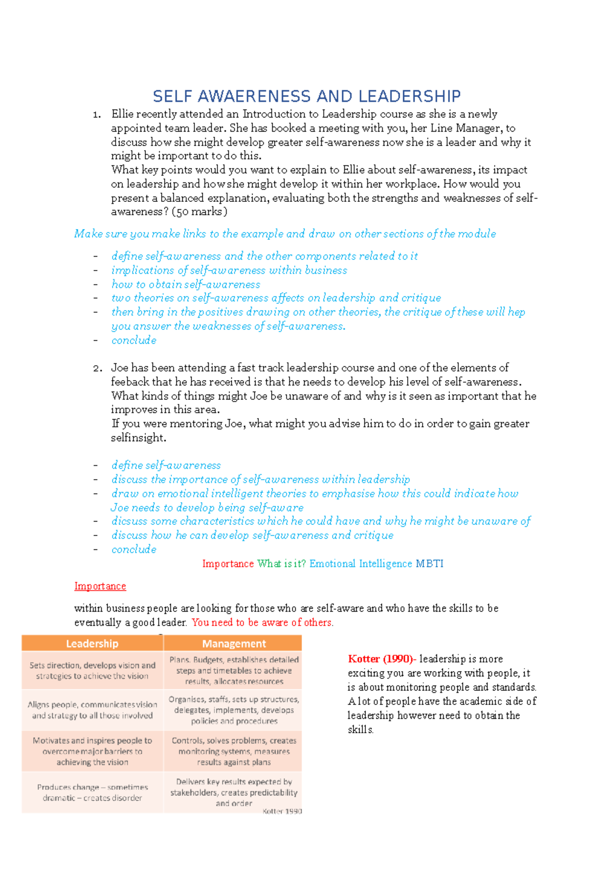 Self awareness and leadership - SELF AWAERENESS AND LEADERSHIP Ellie ...