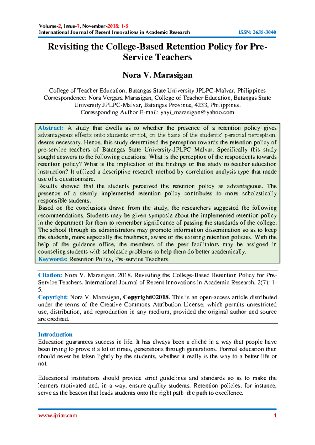Revisitingthe College-Based Retention Policy - International Journal of ...