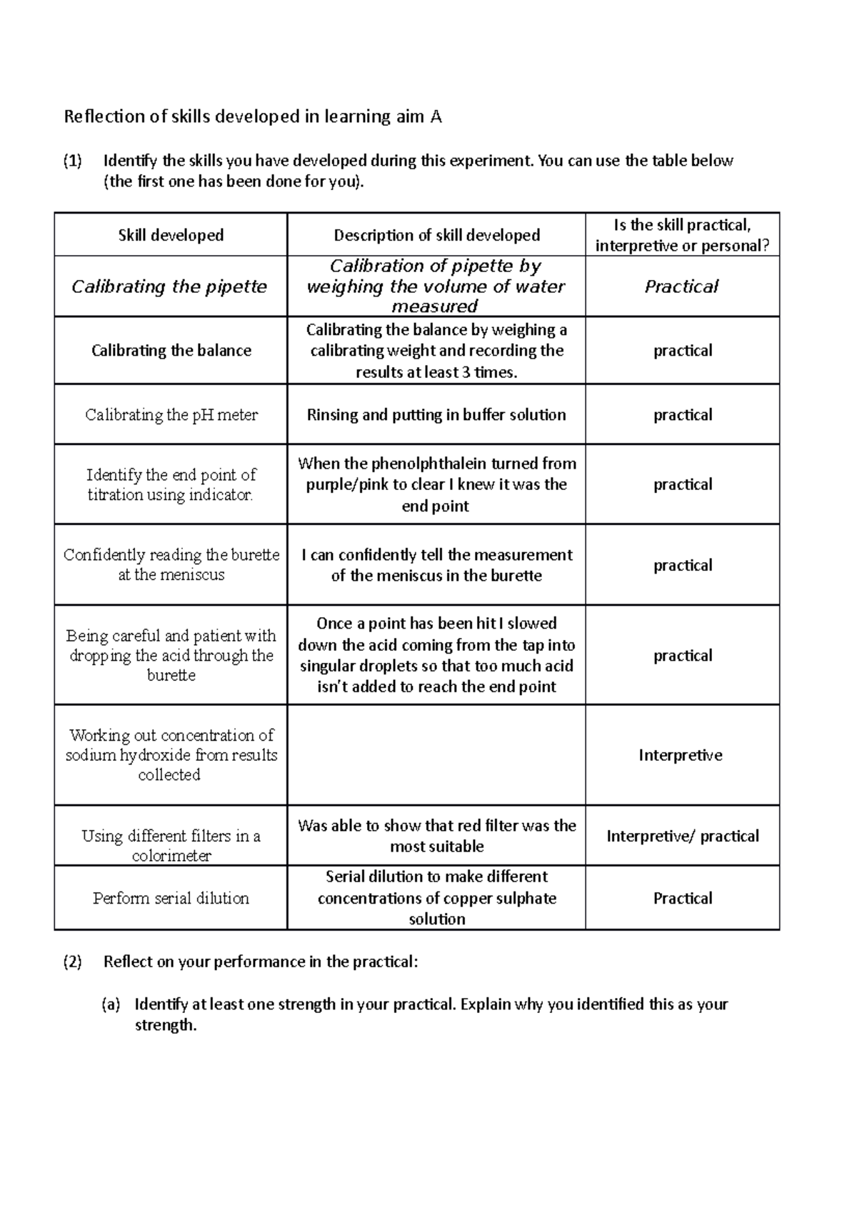 Reflection of skills developed in learning aim A - You can use the ...