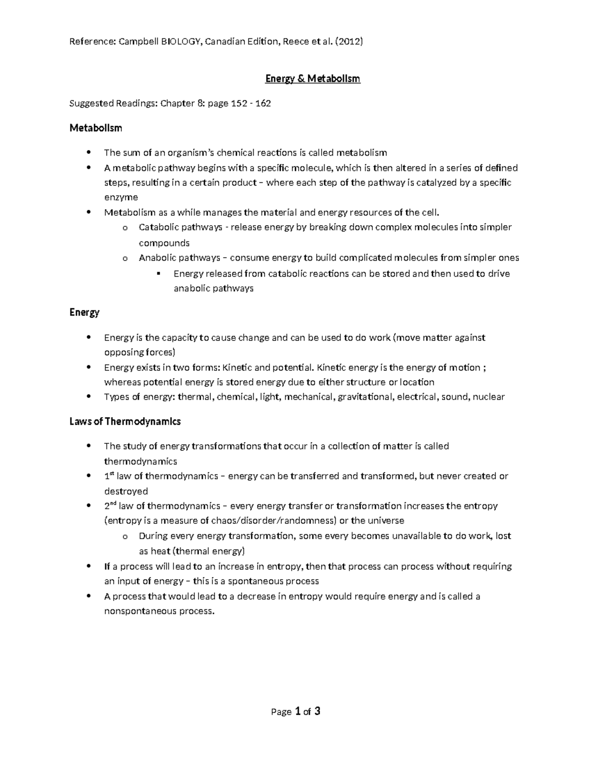2 - lecture notes - Reference: Campbell BIOLOGY, Canadian Edition ...