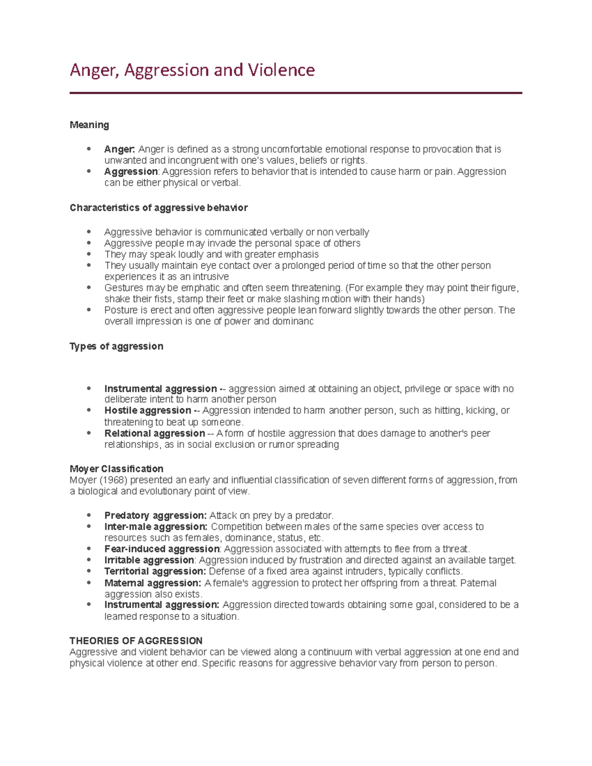 Anger and Agression Notes - Anger, Aggression and Violence Meaning ...
