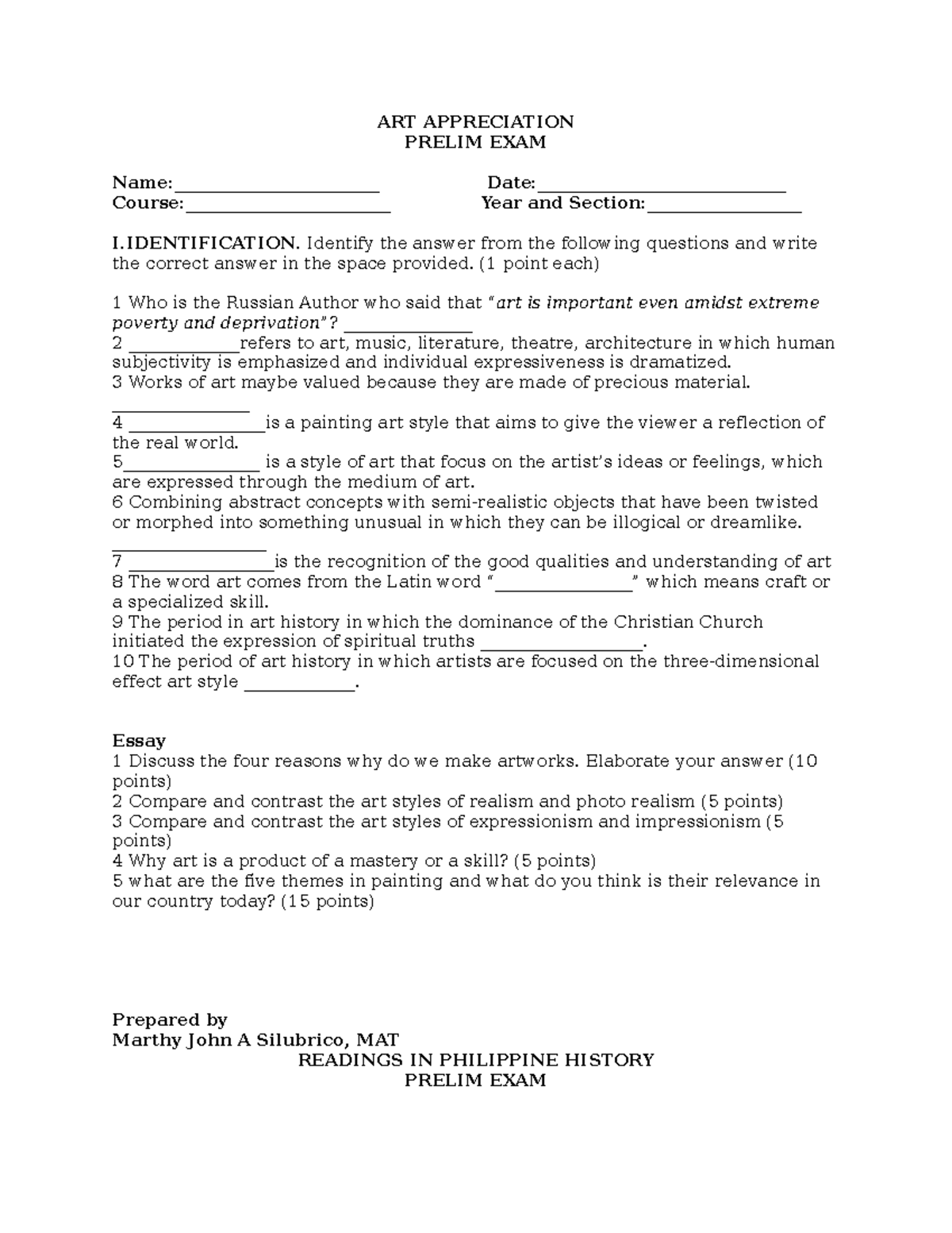 Prelim EXAM - exam sample - ART APPRECIATION PRELIM EXAM Name ...