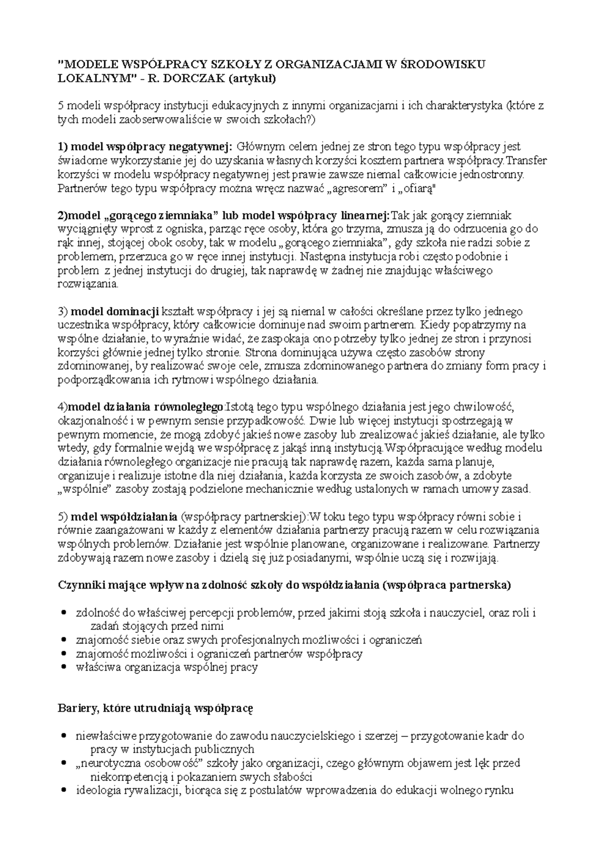 Pedagogika społ - 5 modeli współpracy szkoły z organizacjami - "MODELE ...