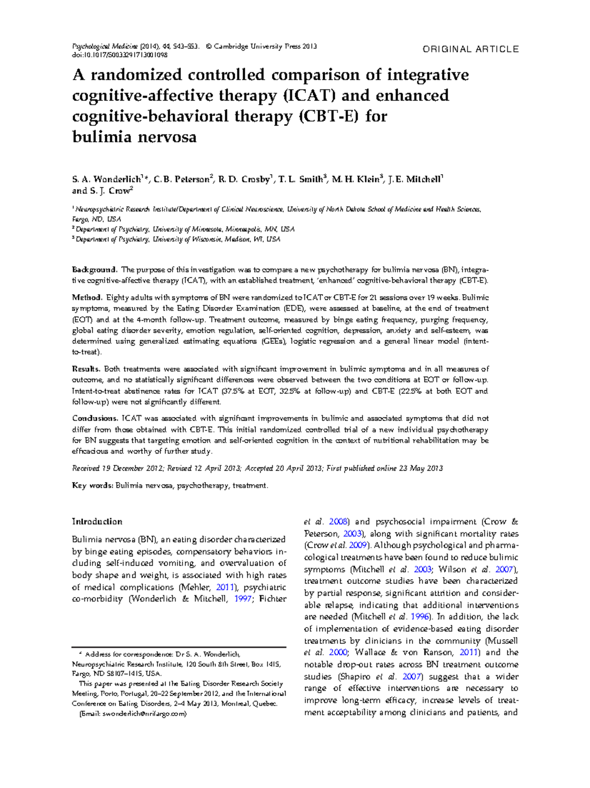 A randomized controlled comparison of integrative cognitive-affective therapy (ICAT) and ...