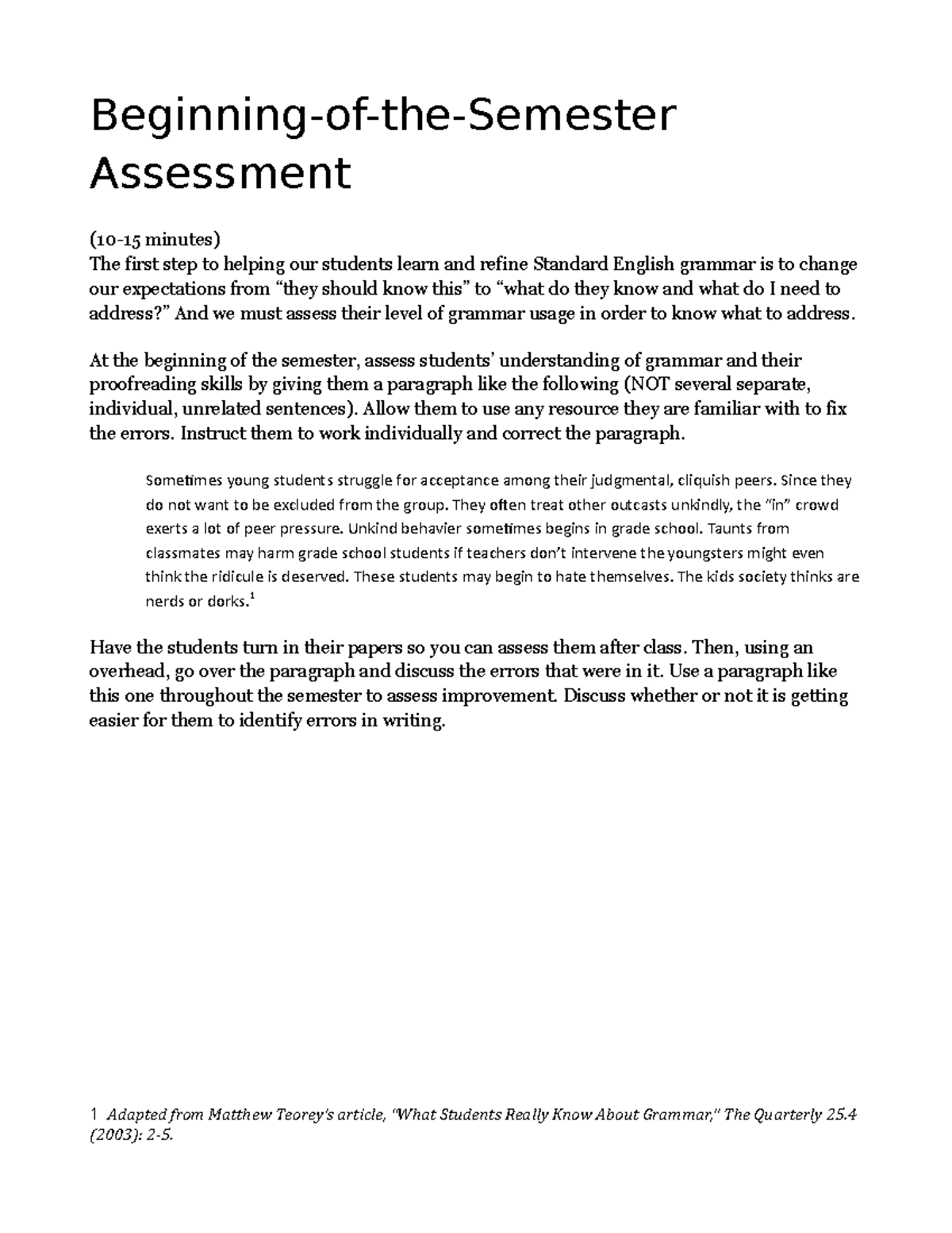 Grammar Assessment Beginning of the Semester - Academic Writing - Bilgi ...