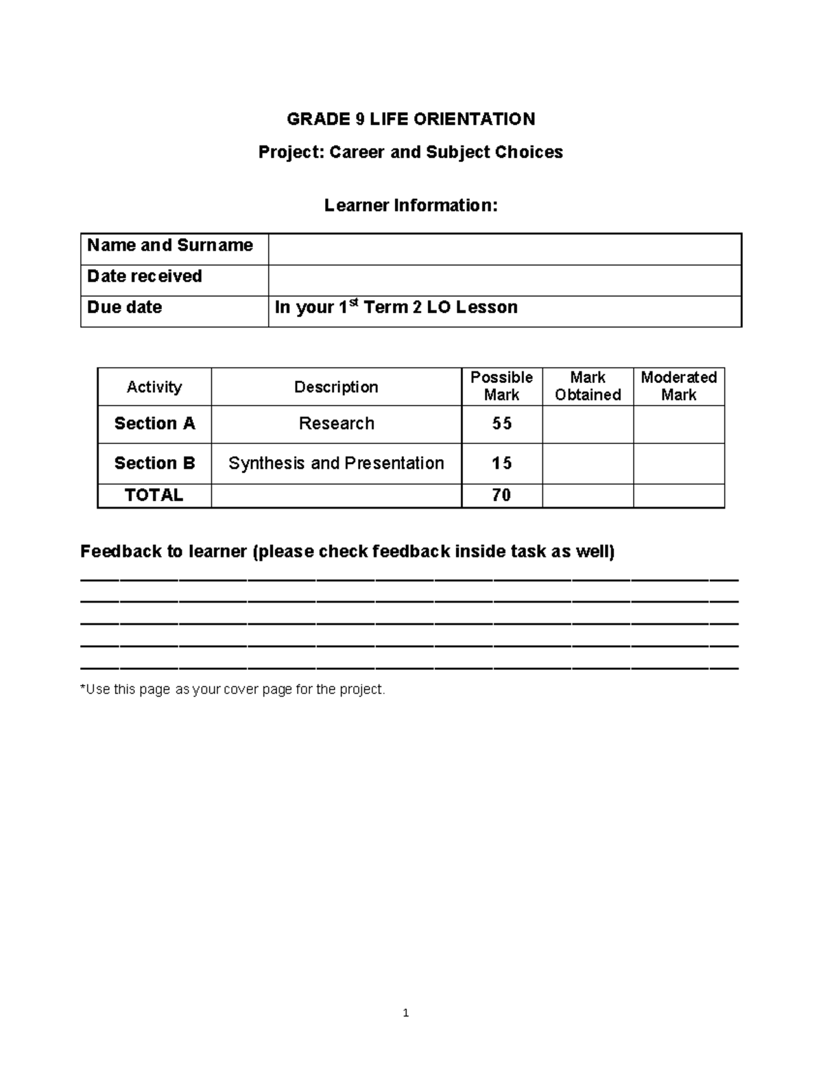 Gr 9 Life Orientation 18 Mar 13 Apr - GRADE 9 LIFE ORIENTATION Project ...