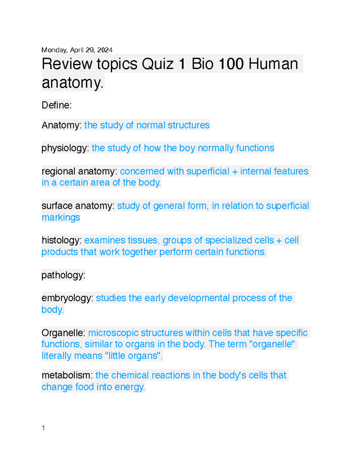 BIO100 Quiz 1 Study Guide Notes - Monday, April 29, 2024 Review topics ...