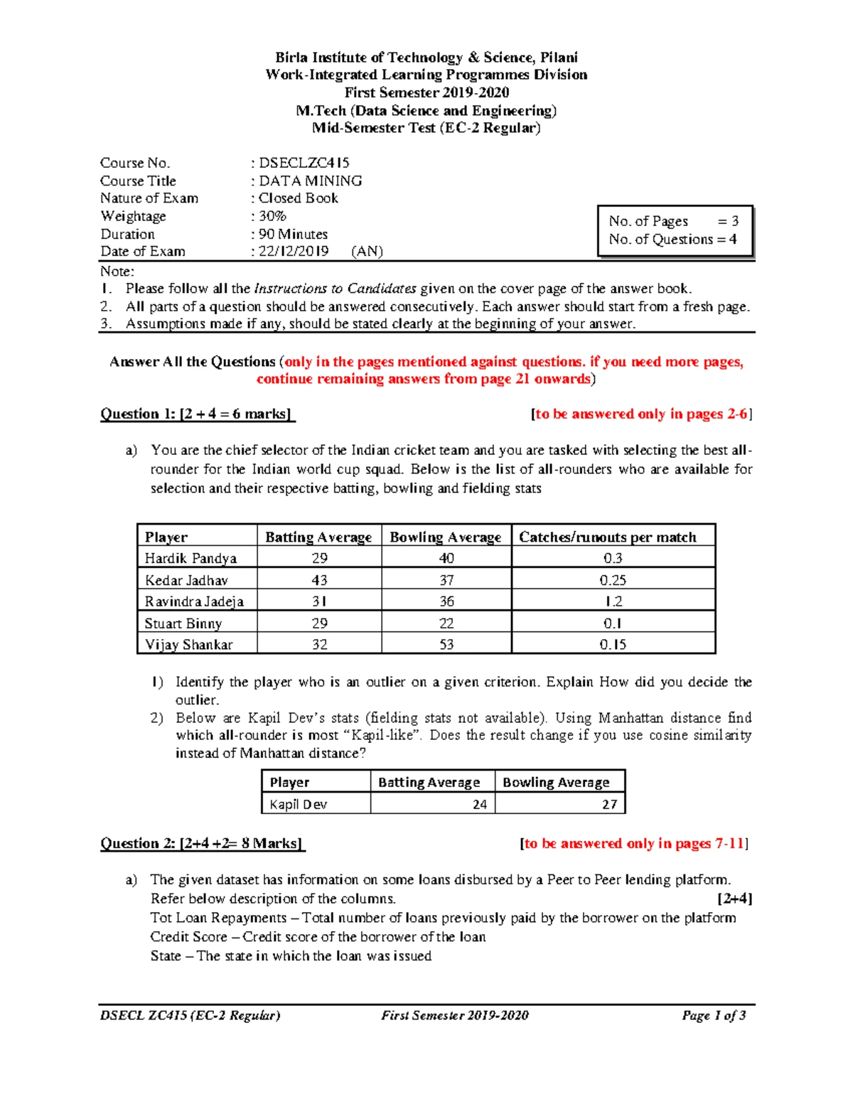 Exam, answers - SOLVED PAPERS OF DATA WAREHOUSING & DATA MINING (DEC ...