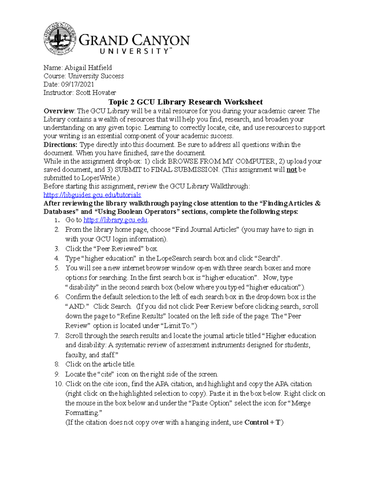 UNV-103 T2 Library Research Assignment - UNV-103 - GCU - Studocu