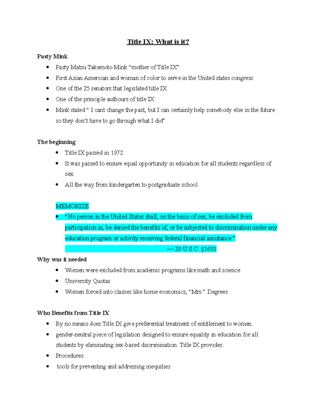 Title IX - Notes - Title IX: What is it? Pasty Mink Pasty Matsu ...