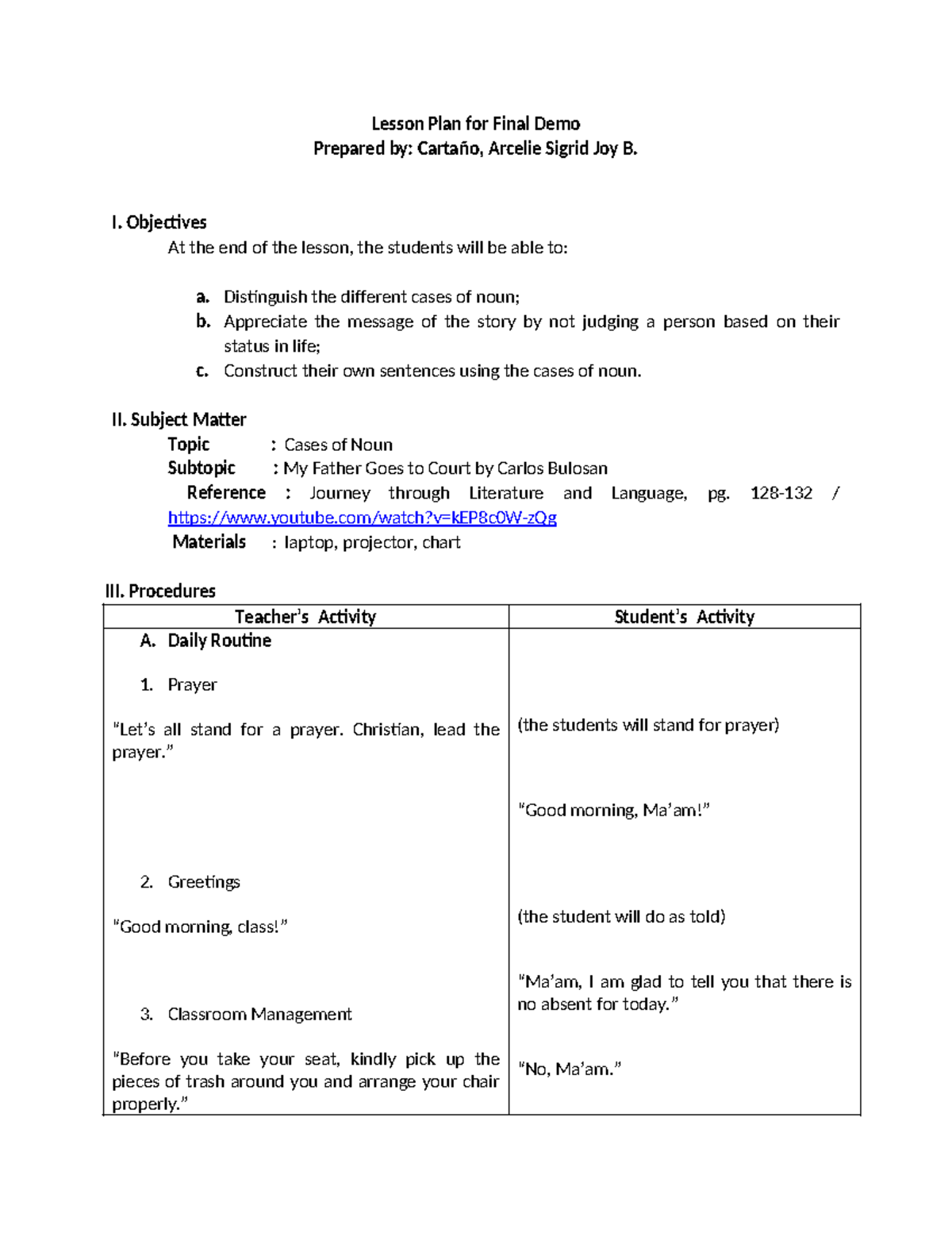 Cases of nouns lp - Lesson Plan for Final Demo Prepared by: Cartaño ...