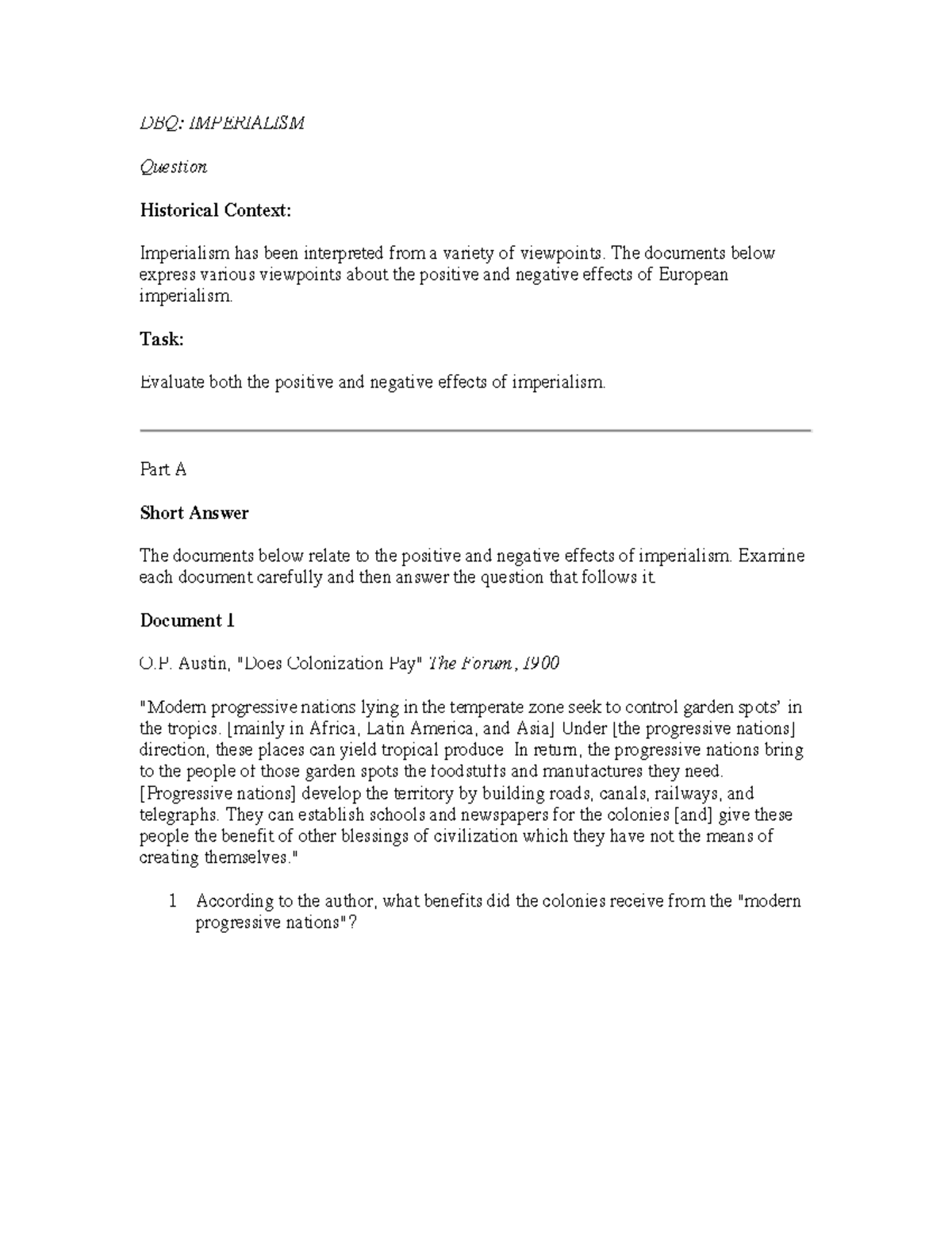 DBQImperialism - Work - DBQ: IMPERIALISM Question Historical Context ...