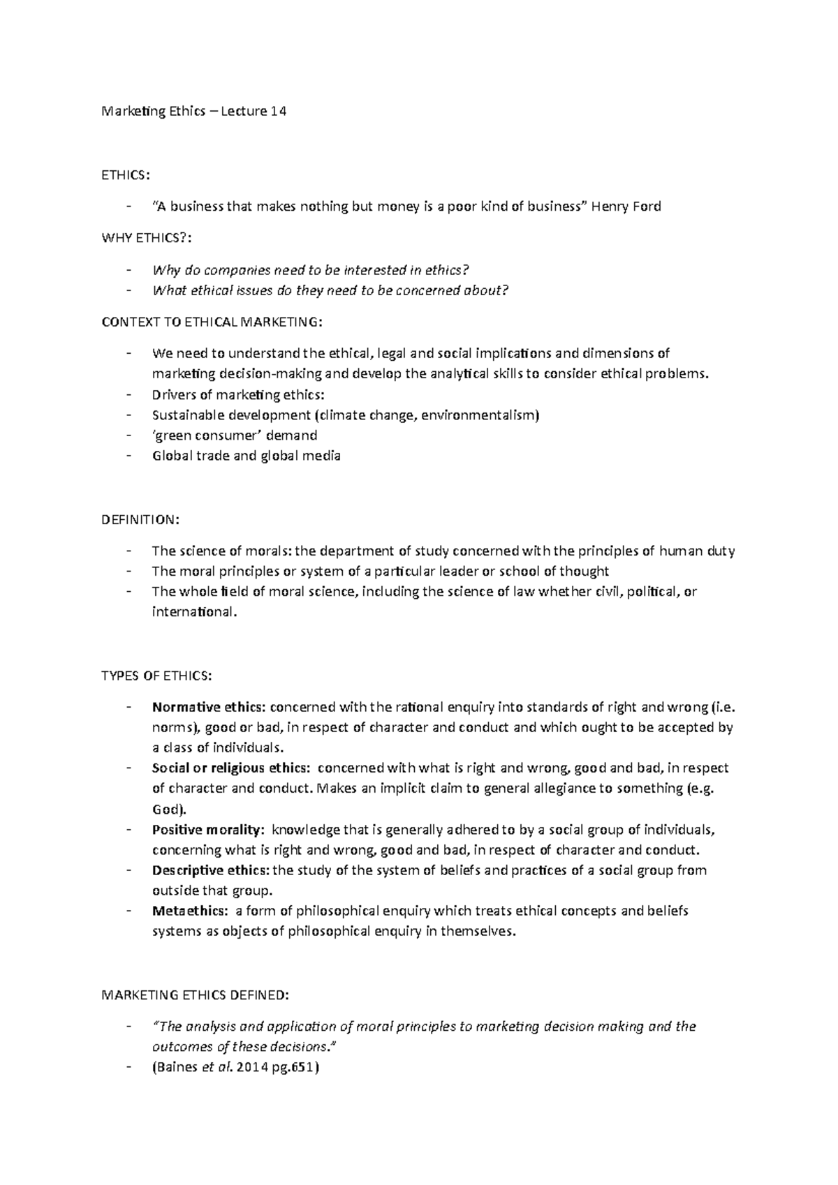 14. Ethics - Lecture notes 22 - Marketing Ethics – Lecture 14 ETHICS ...
