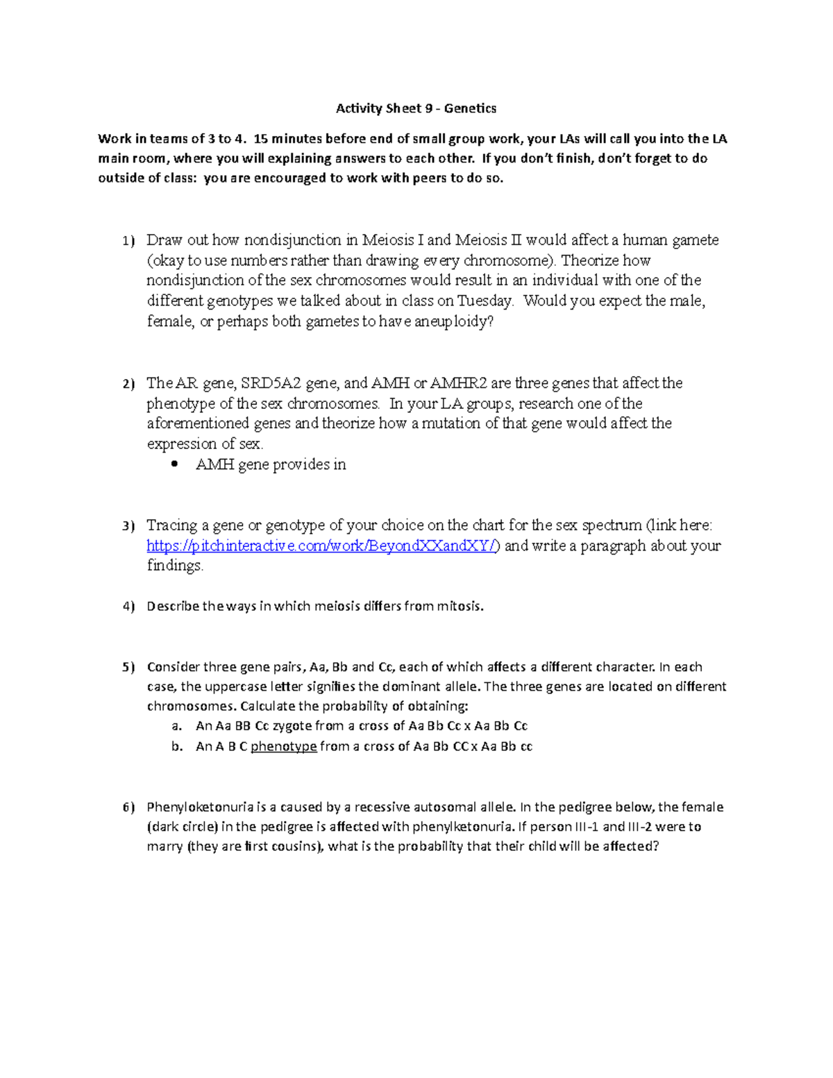 Activity Sheet 9 -Genetics v2 - Acivity Sheet 9 - Geneics Work in teams ...