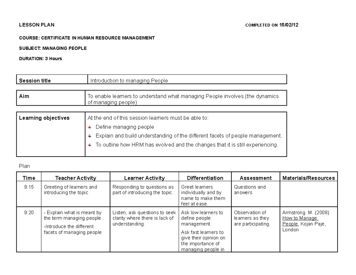 Tlou Lesson Plan & Evaluation - LESSON PLAN COMPLETED ON 15/02/ COURSE ...