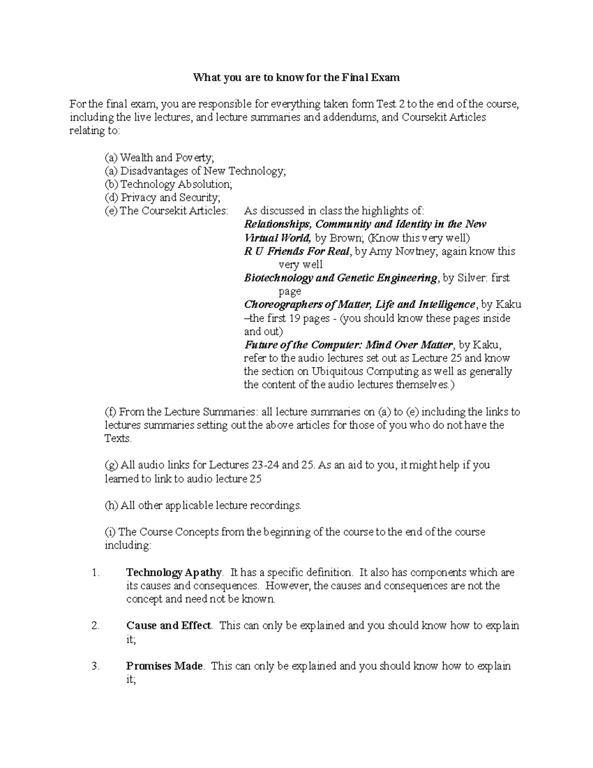 What you are to know for the Final Exam-3 - ) (f) From the Lecture ...