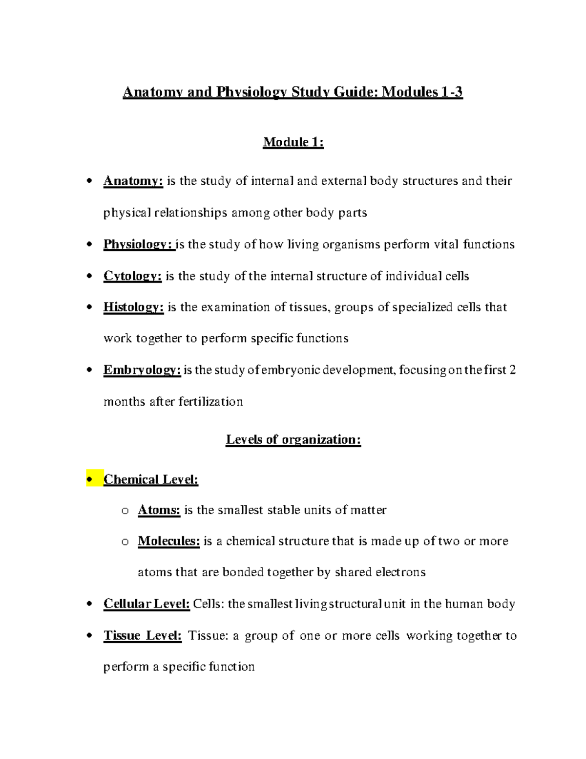 Anatomy and Physiology Study Guide Modules 1-2 - Copy - Copy - Copy ...