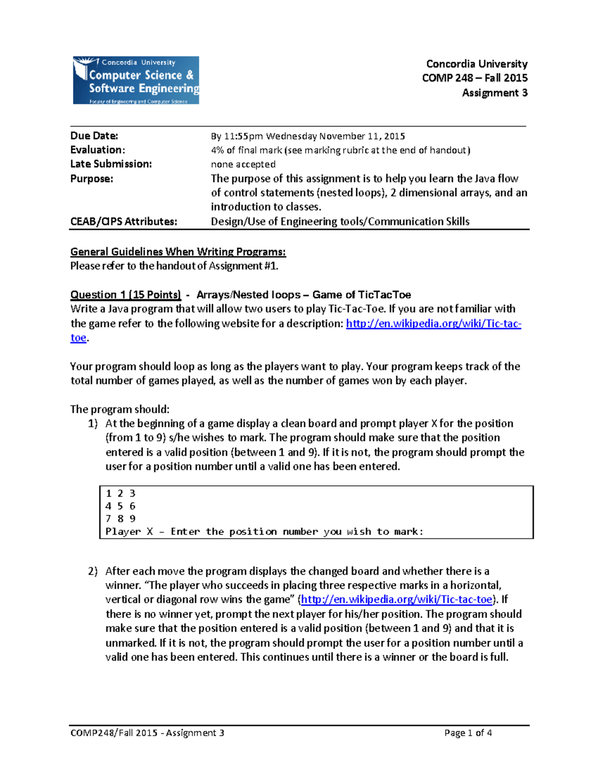 2015-A3 - Exam - Concordia University COMP 248 – Fall 2015 Assignment 3 - Studocu