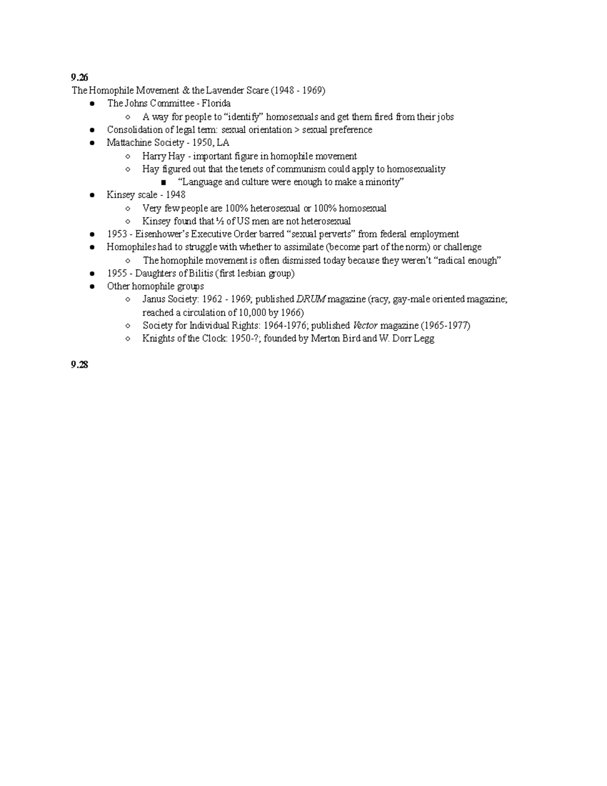 AMST 385 Week 5 Lecture - Notes on the Homophile Movement and the ...