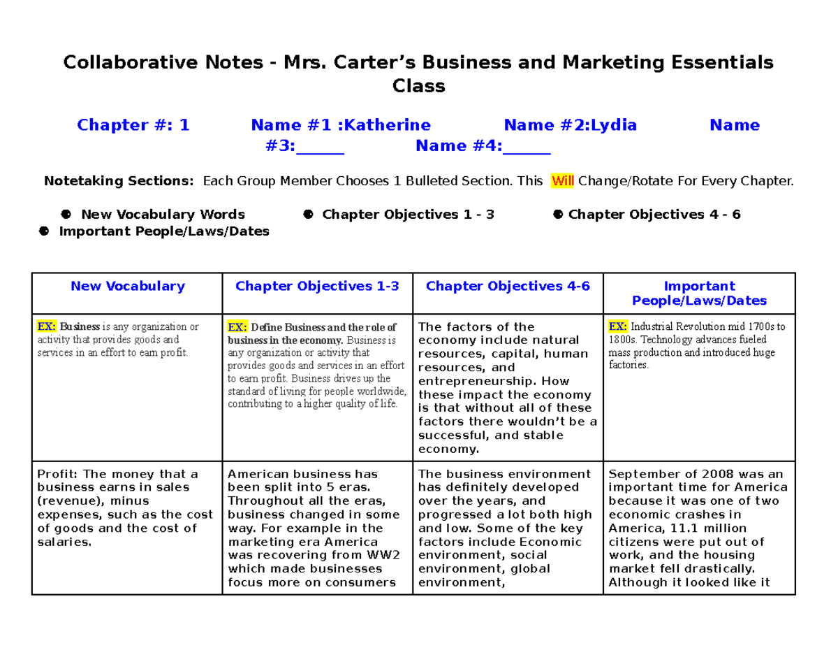 Collaborative Notes - Carter’s Business and Marketing Essentials Class ...