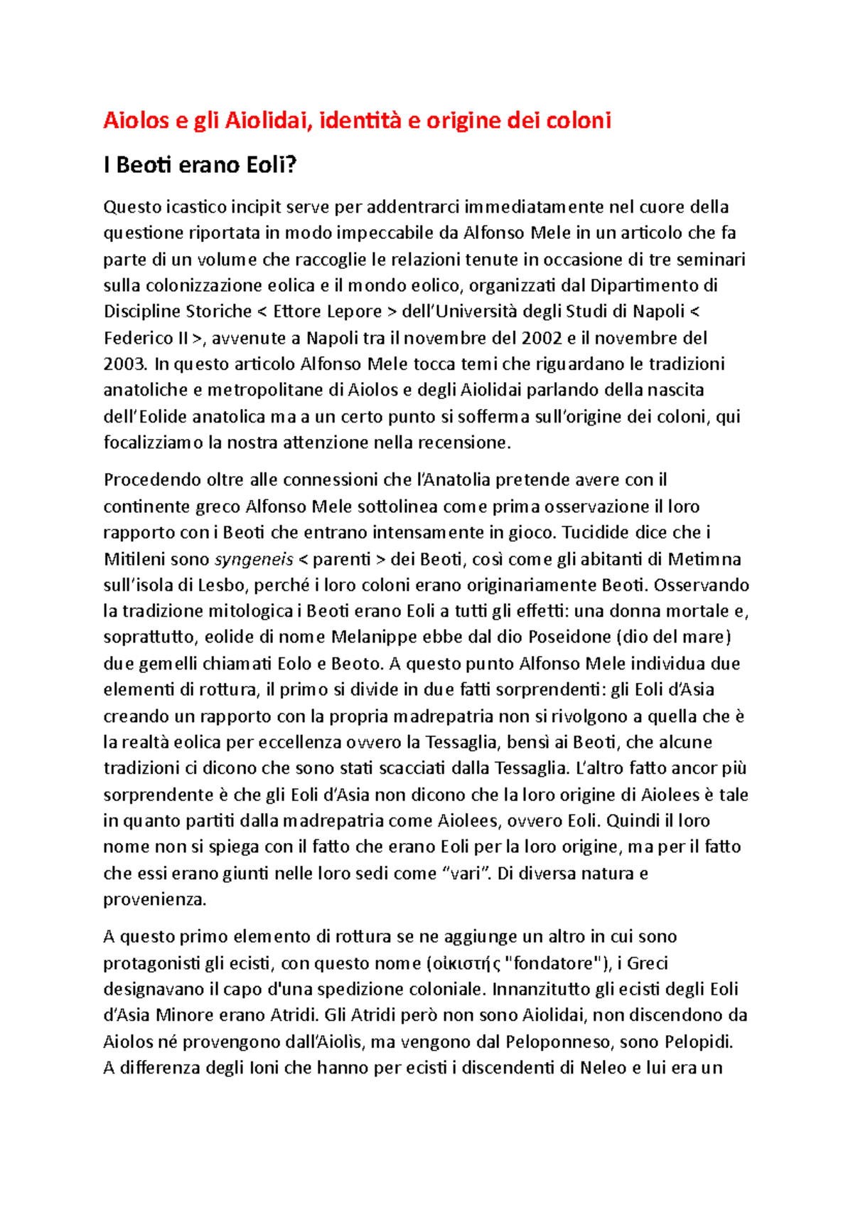 Recensione articolo - Eoli ed Eolide - Aiolos e gli Aiolidai, identità ...