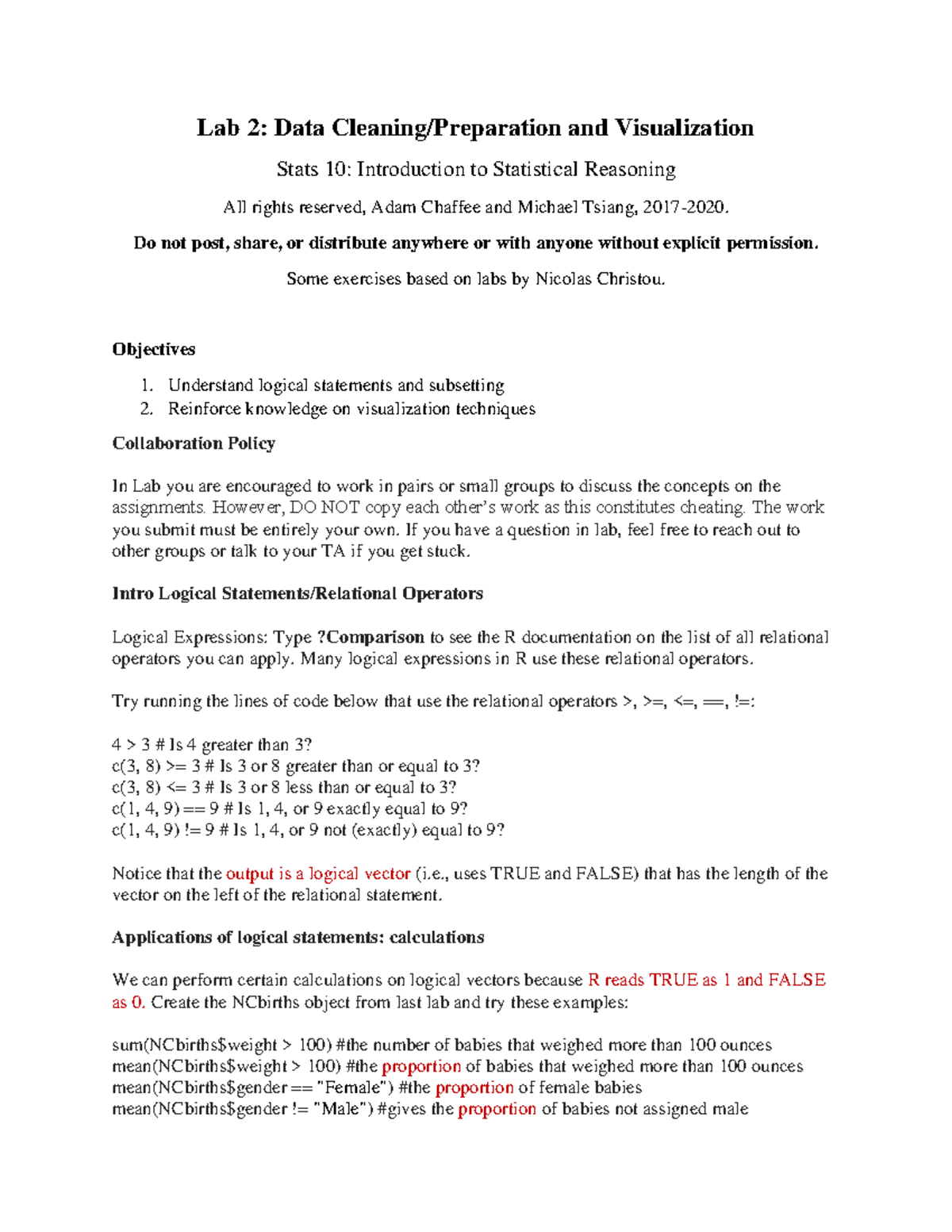 Stats 10 Lab 2 - r programming - Lab 2: Data Cleaning/Preparation and Visualization Stats 10 ...