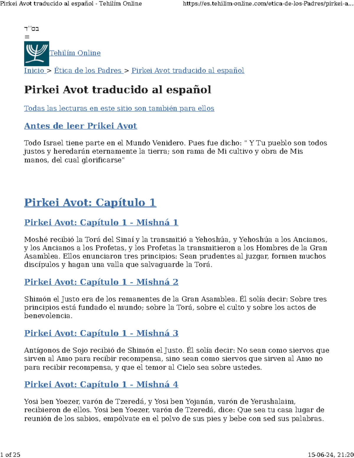 Pirkei Avot traducido al español - Tehilím Online - ד''סב ≡ Tehilím ...