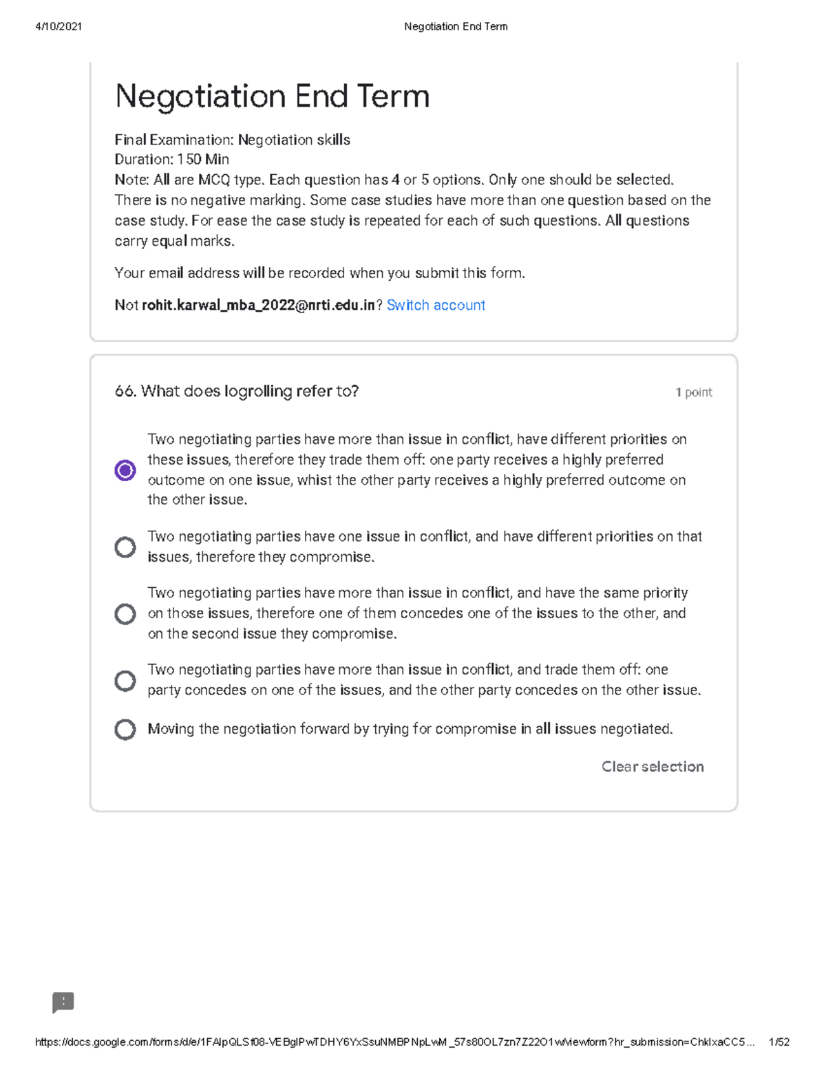 Negotiation End Term - 1 point Two negotiating parties have more than ...
