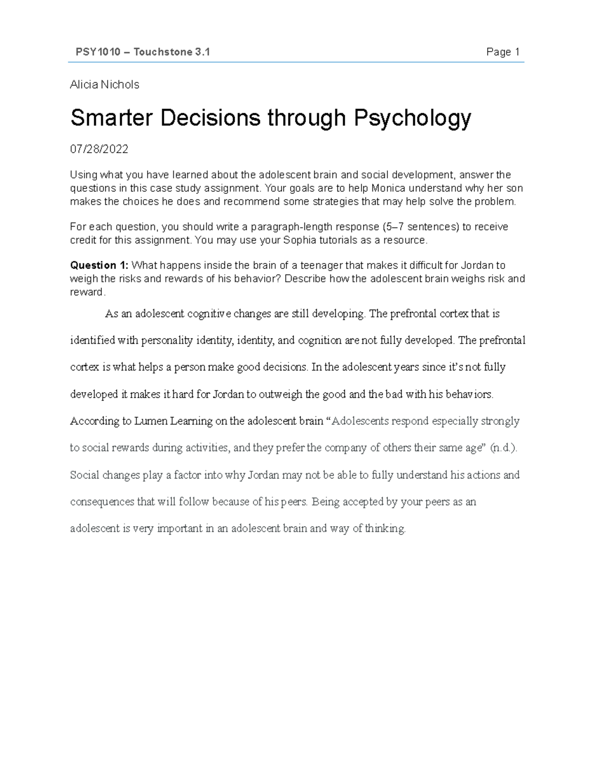 PSY1010 Case Study 1 Template - Alicia Nichols Smarter Decisions ...