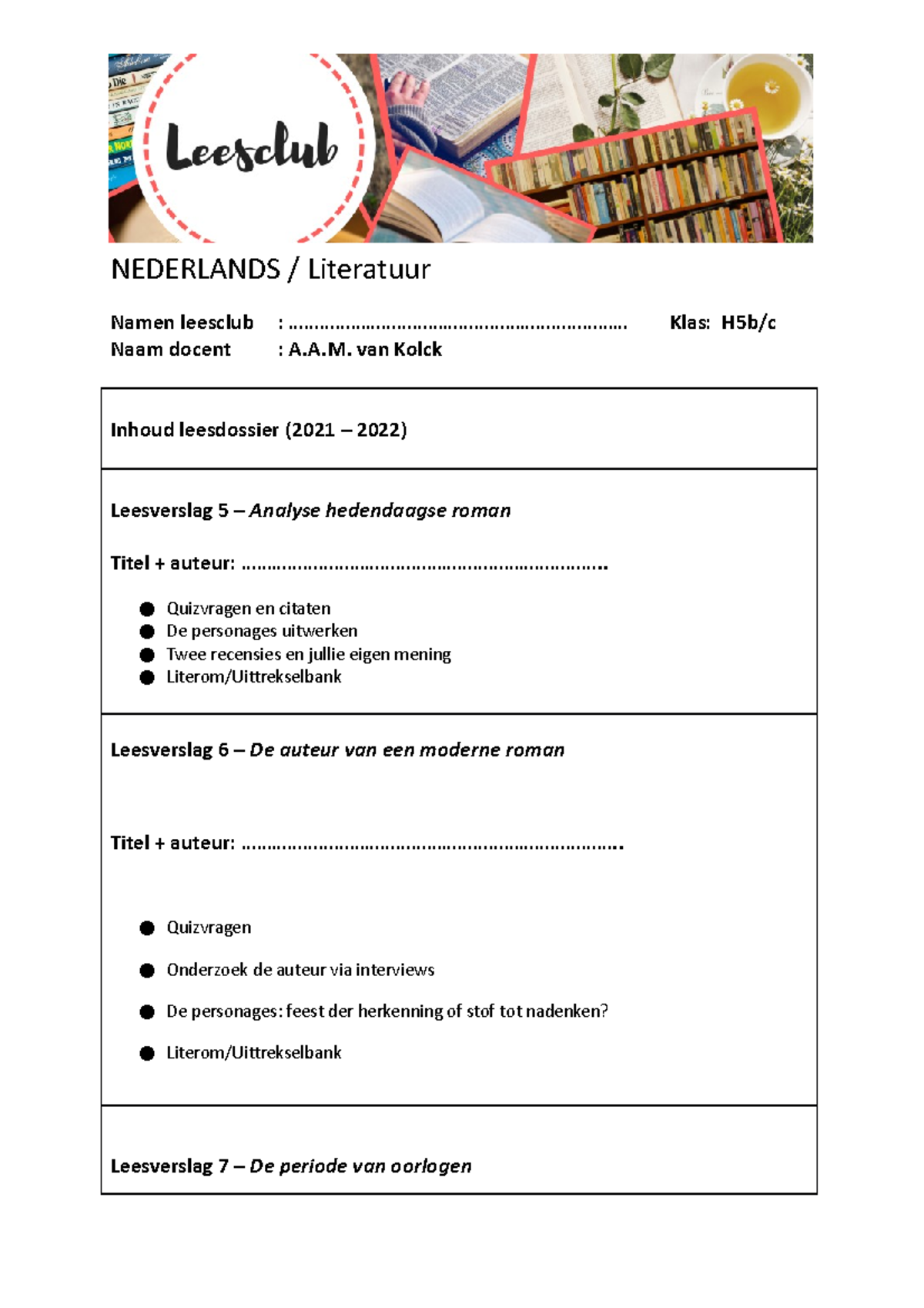 H5 leesdossier voorblad - NEDERLANDS / Literatuur Namen leesclub ...