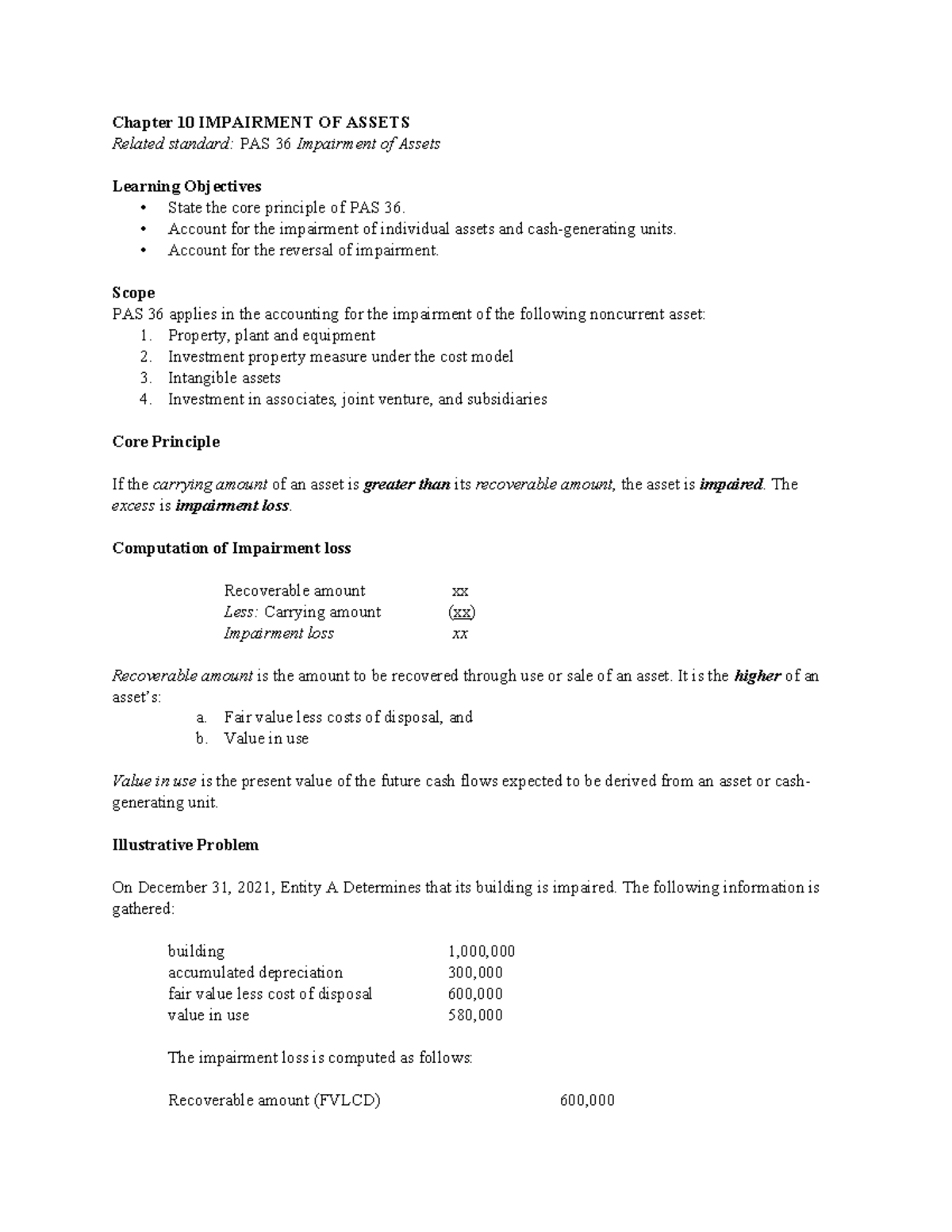 513926444 Chapter 10 Impairment OF Assets PAS 36 - Chapter 10 ...
