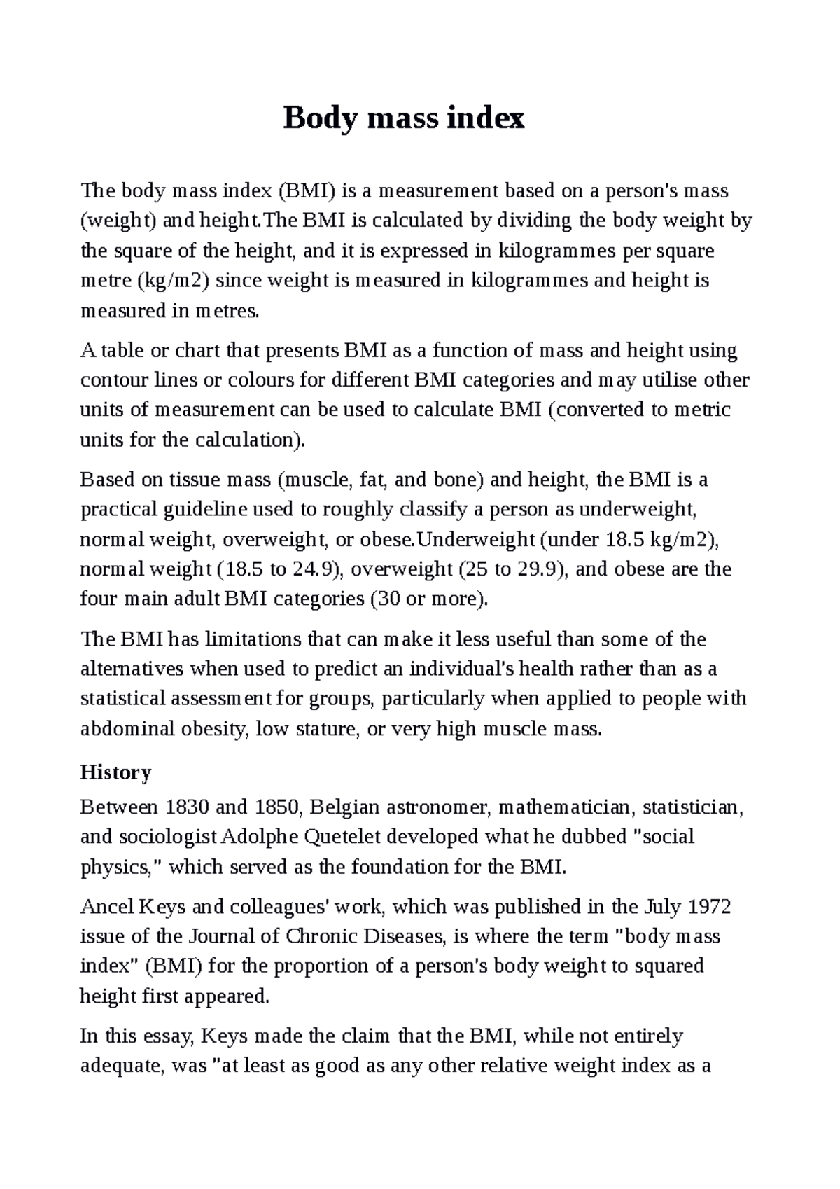 Body mass index - Ifah - Body mass index The body mass index (BMI) is a ...