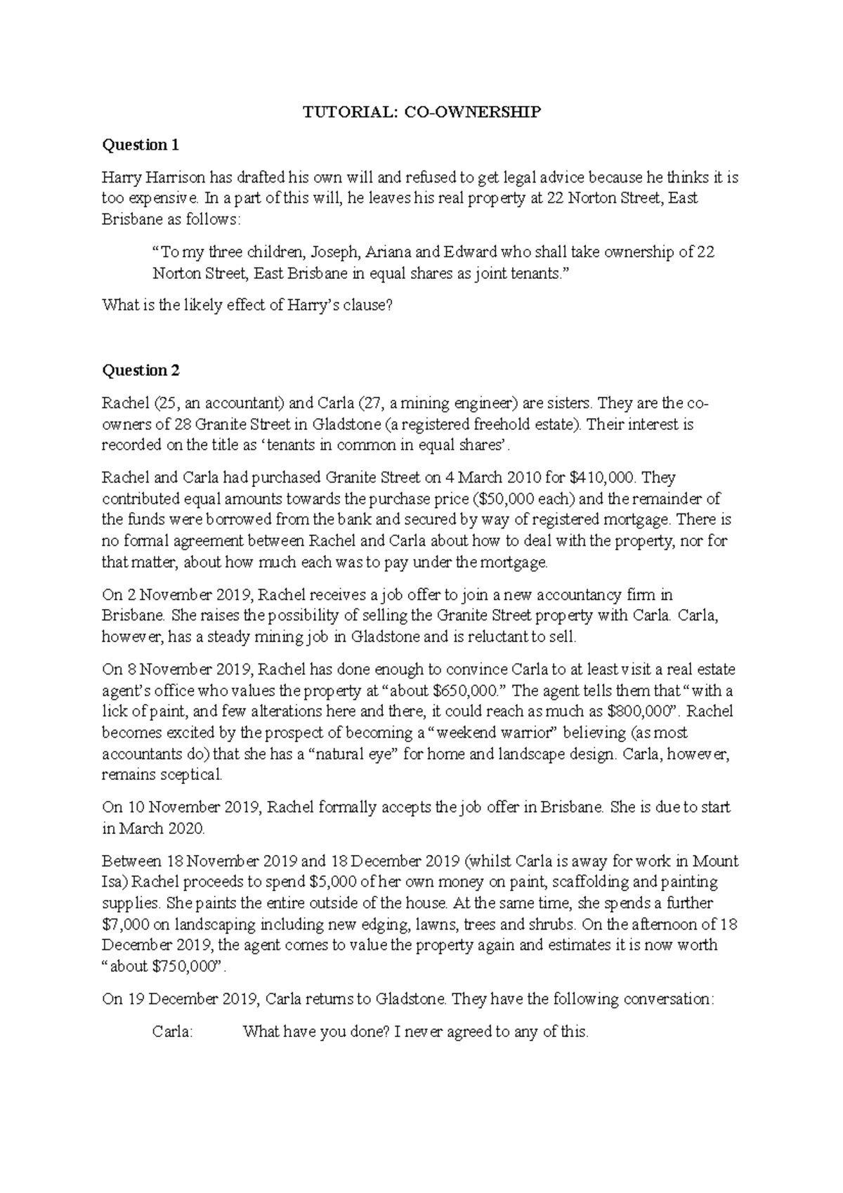 Topic 3 Co-ownership tutorial questions - TUTORIAL: CO-OWNERSHIP ...