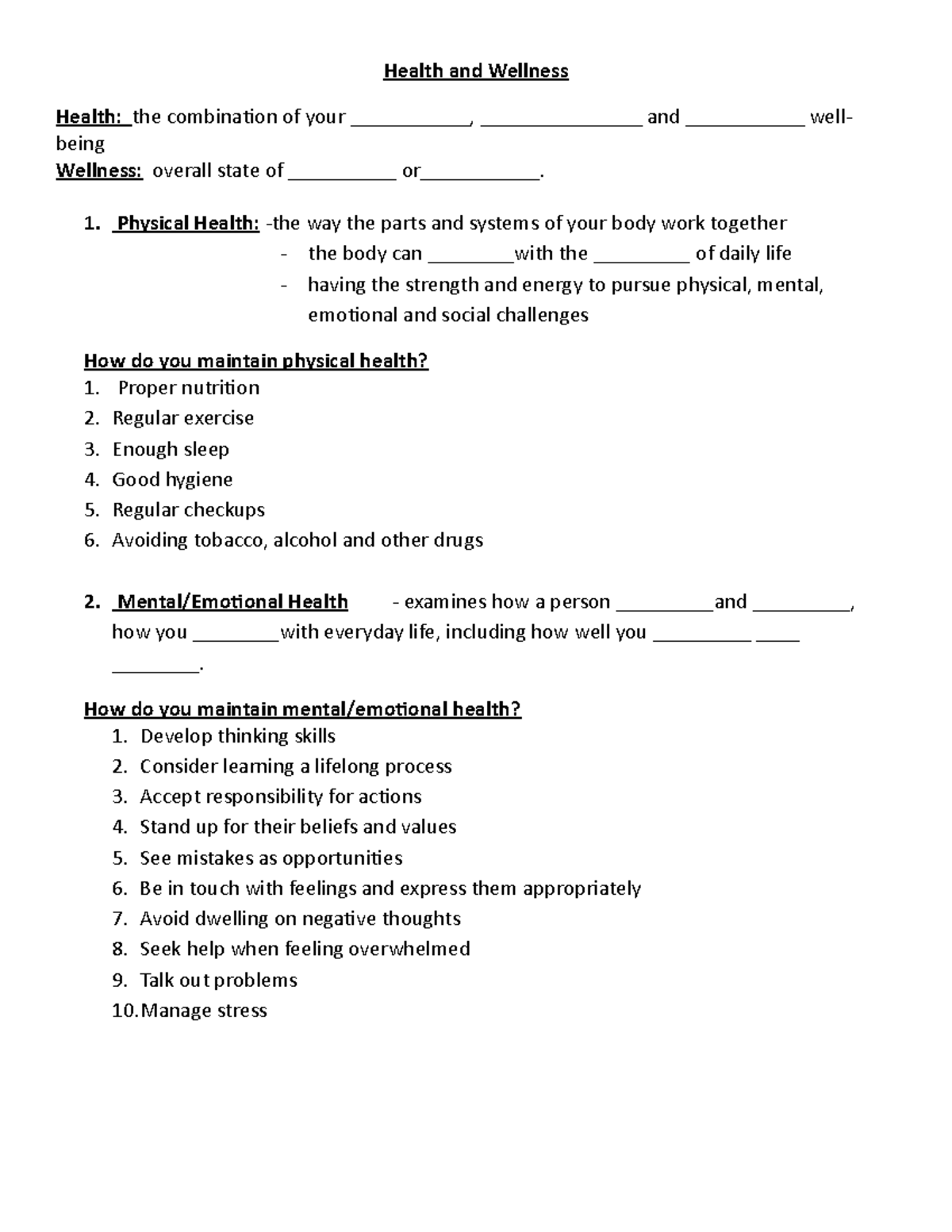 Copy of Health and Wellness- Student WS - Health and Wellness Health ...
