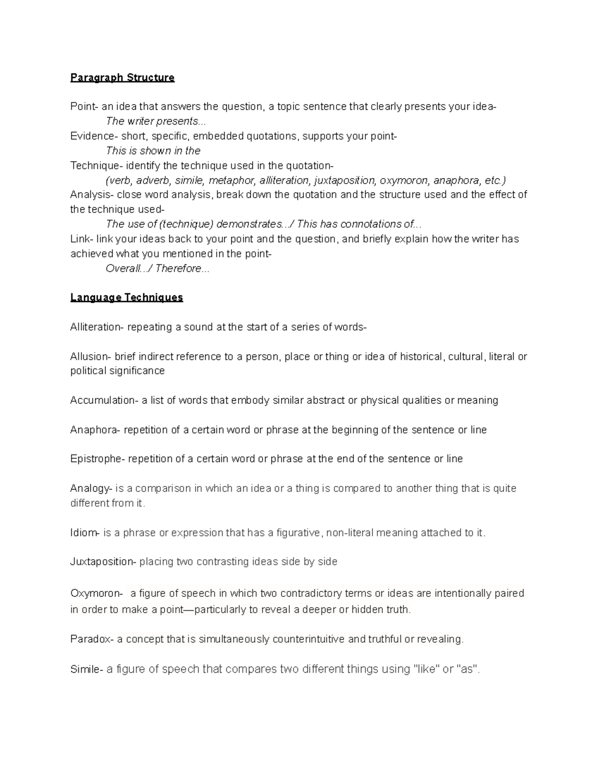 English notes - Paragraph Structure Point- an idea that answers the ...