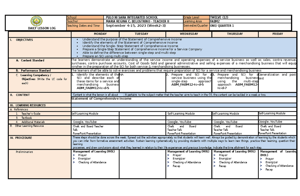 FABM2 Q1 W2-3 - DLL - DAILY LESSON LOG School PULO NI SARA INTEGRATED ...