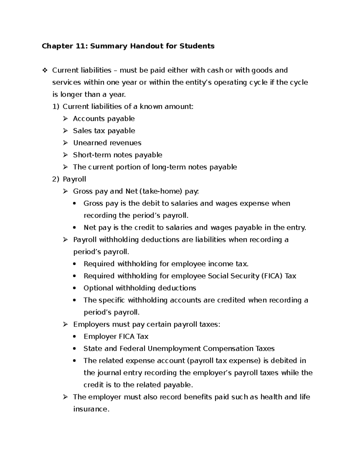 Chapter 11 Current Liabillities and Payroll - Chapter 11: Summary Handout for Students Current ...