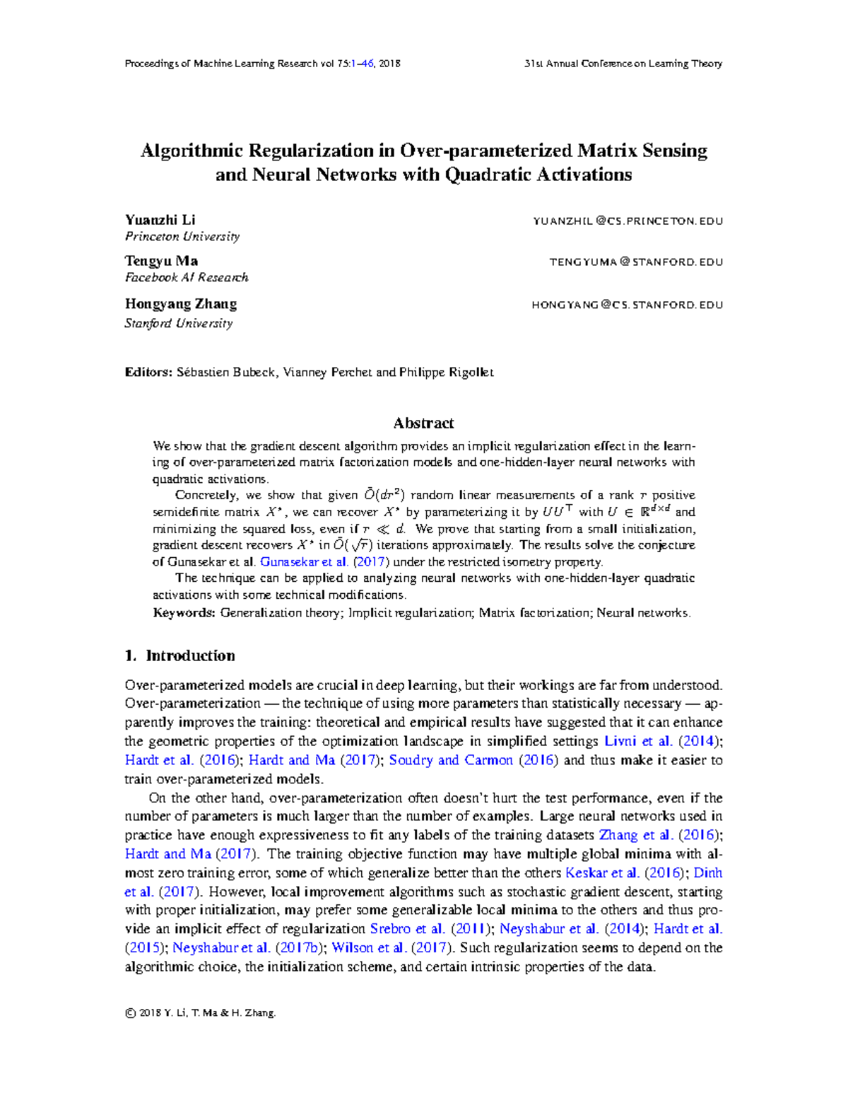 Algorithmic Regularization In Over Parameterized Matrix Sensingand Neural Networks With