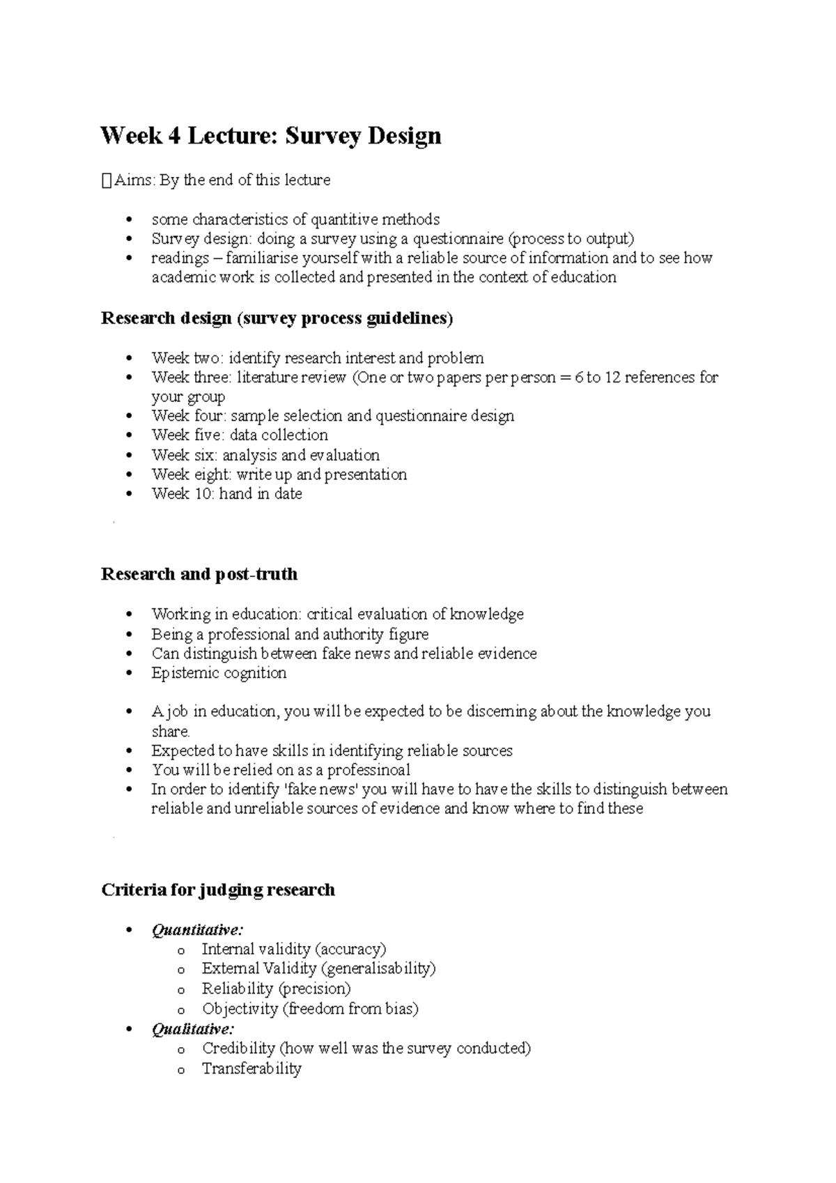 Week 4 Lecture CS - Week 4 Lecture: Survey Design 🐀 Aims: By the end of this lecture some - Studocu