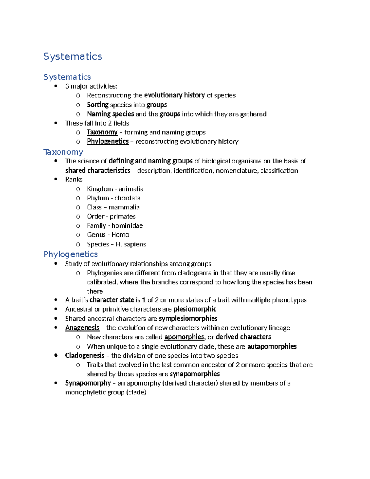 Lecture notes - Systematics Systematics 3 major activities: o ...