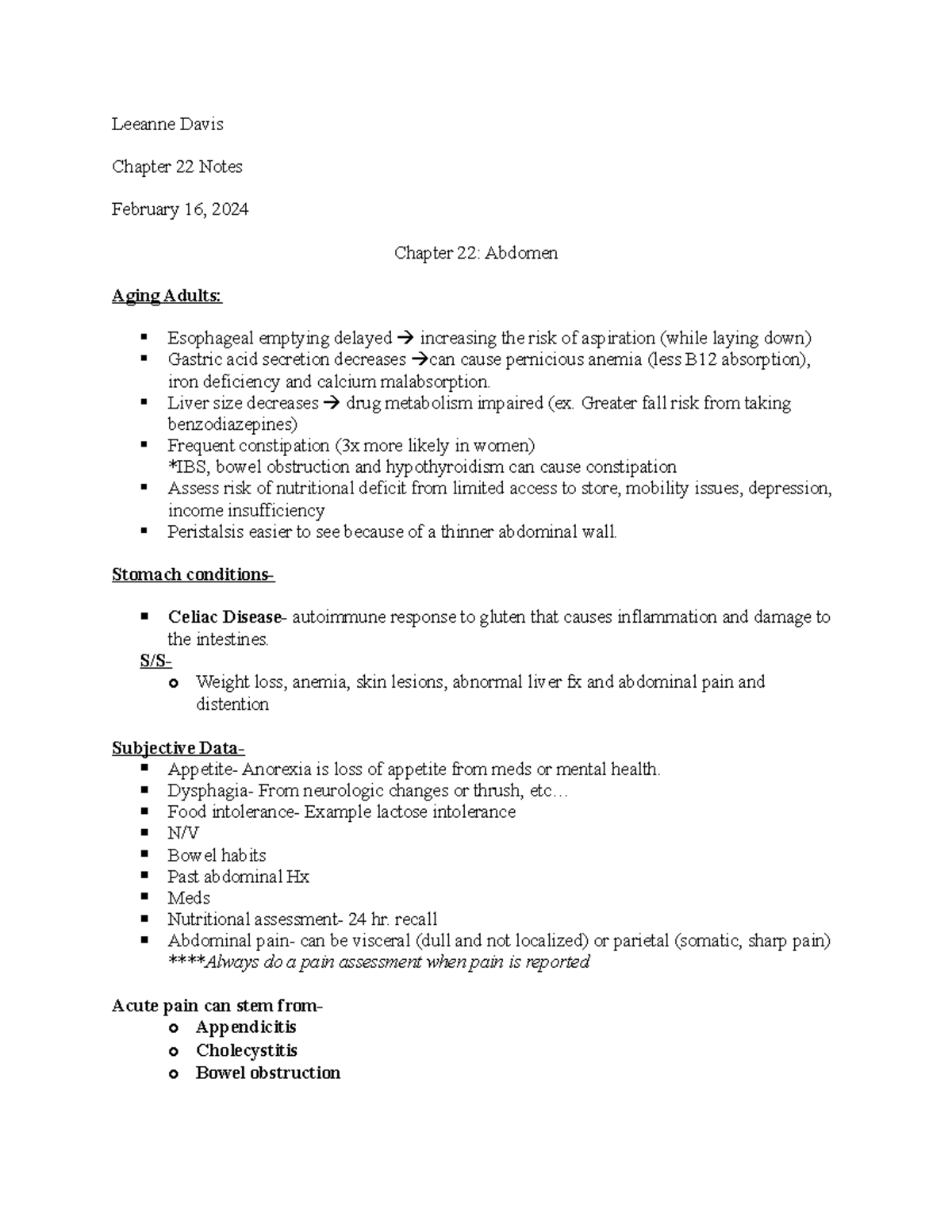 CH 22 - Abdominal Assessment - Leeanne Davis Chapter 22 Notes February ...