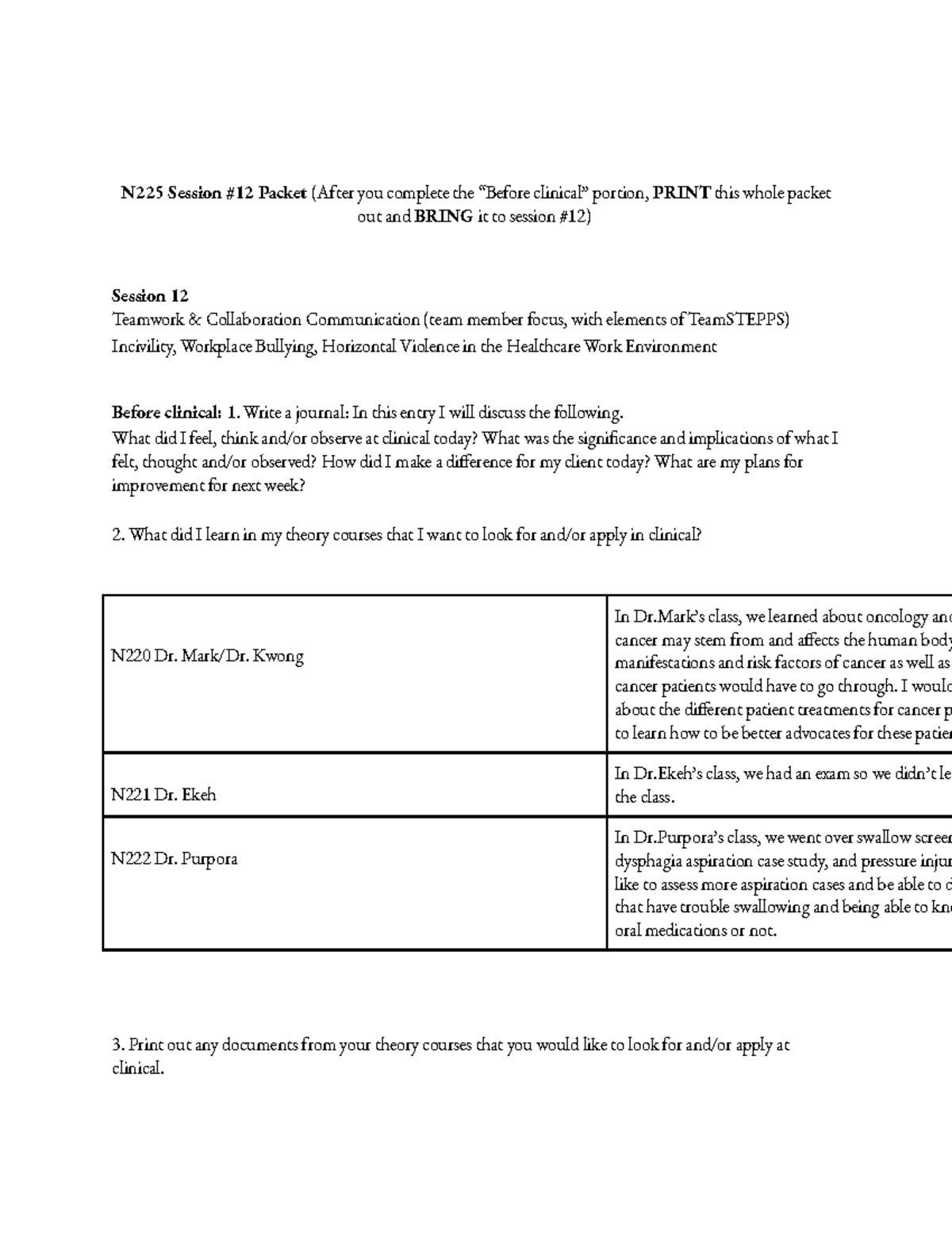 Clinical Packet Session #12 - N225 Session #12 Packet (After you ...