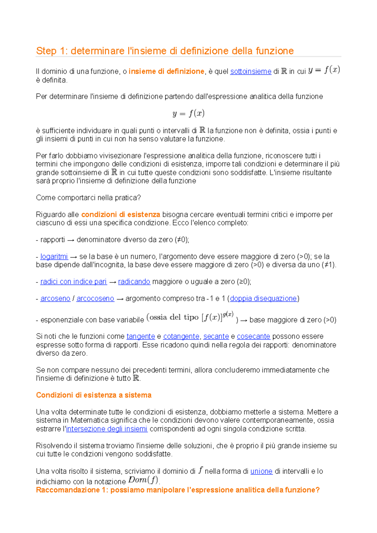 6. Studio DI Funzione - Step 1: determinare l'insieme di definizione ...