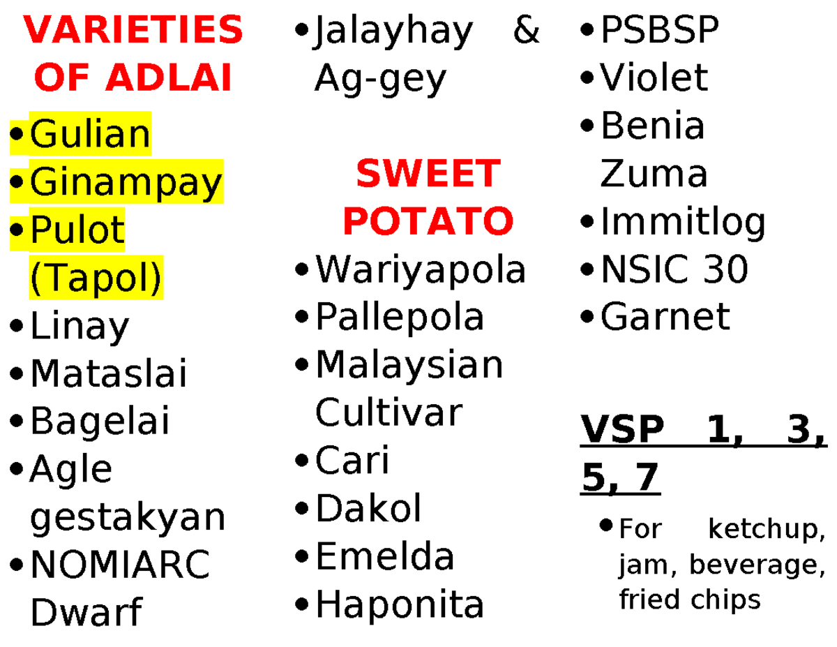 Varieties OF Crops - VARIETIES OF ADLAI Gulian Ginampay Pulot (Tapol ...