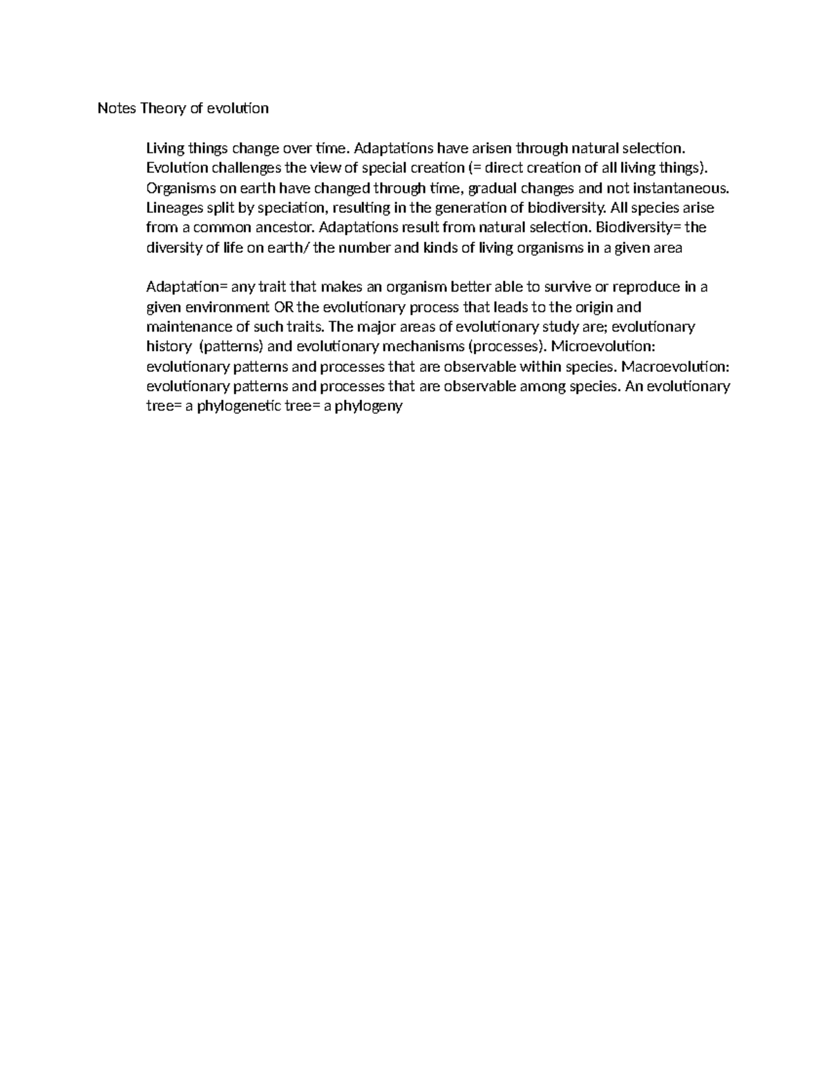 BIO120H bio lecture notes - Notes Theory of evolution Living things ...